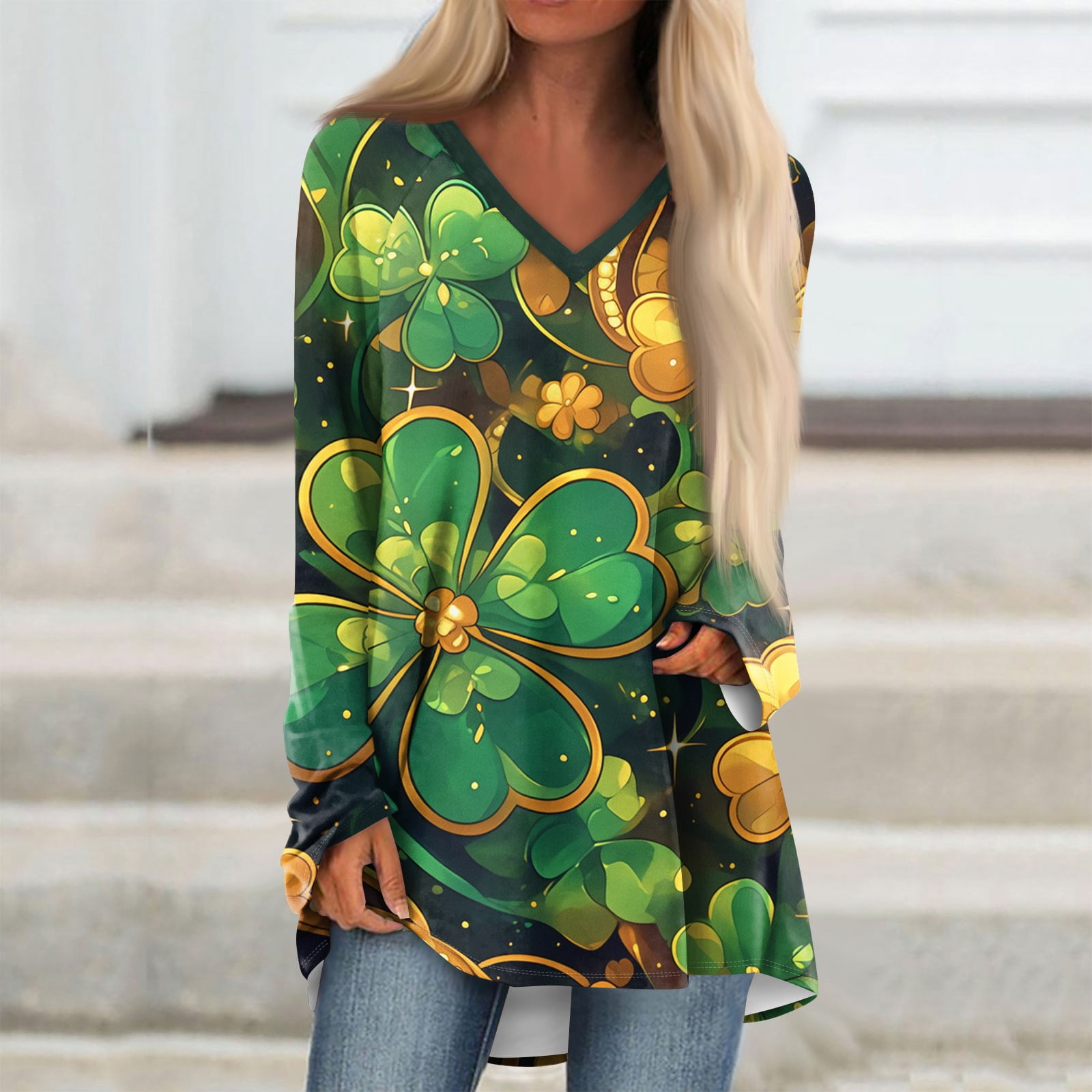 Assorted Clover Print V-Neck Long Sleeve Top - Women's Fashion Casual ...