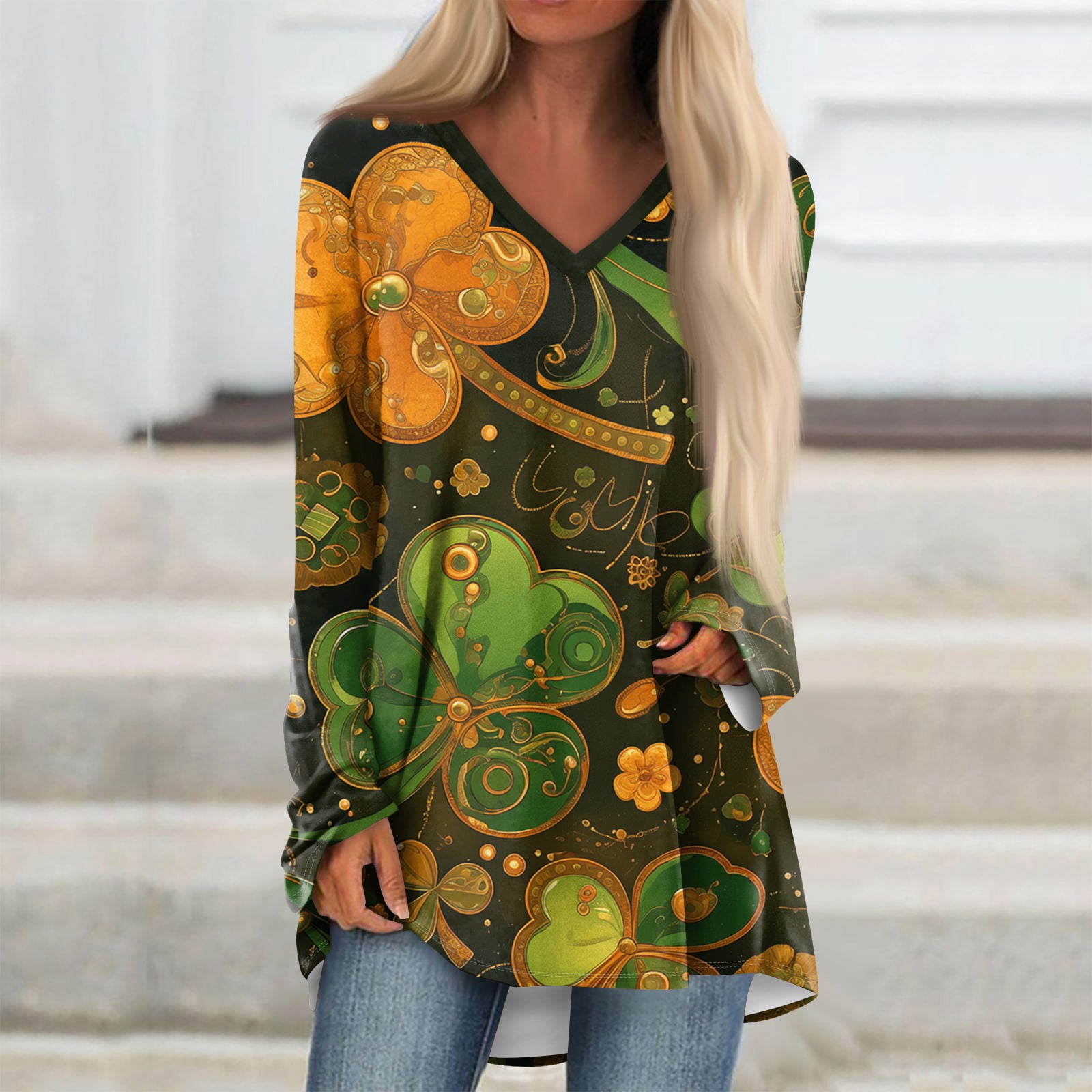 Assorted Clover Print V-Neck Long Sleeve Top - Women's Fashion Casual ...