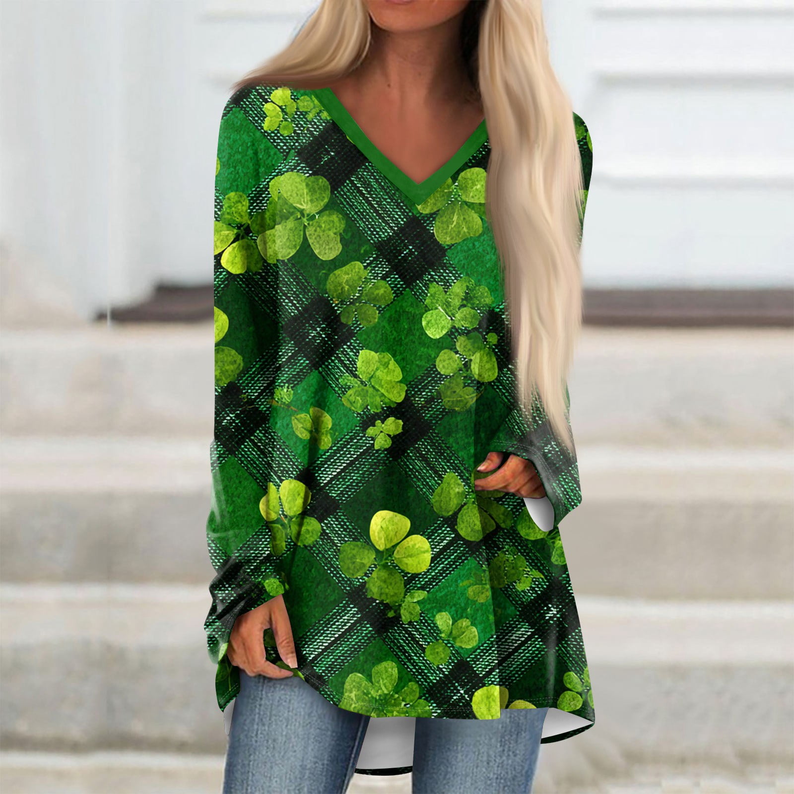 Assorted Clover Print V-Neck Long Sleeve Top - Women's Fashion Casual ...