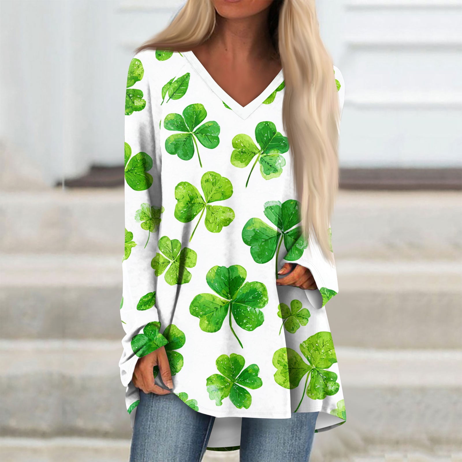 Assorted Clover Print V-Neck Long Sleeve Top - Women's Fashion Casual ...
