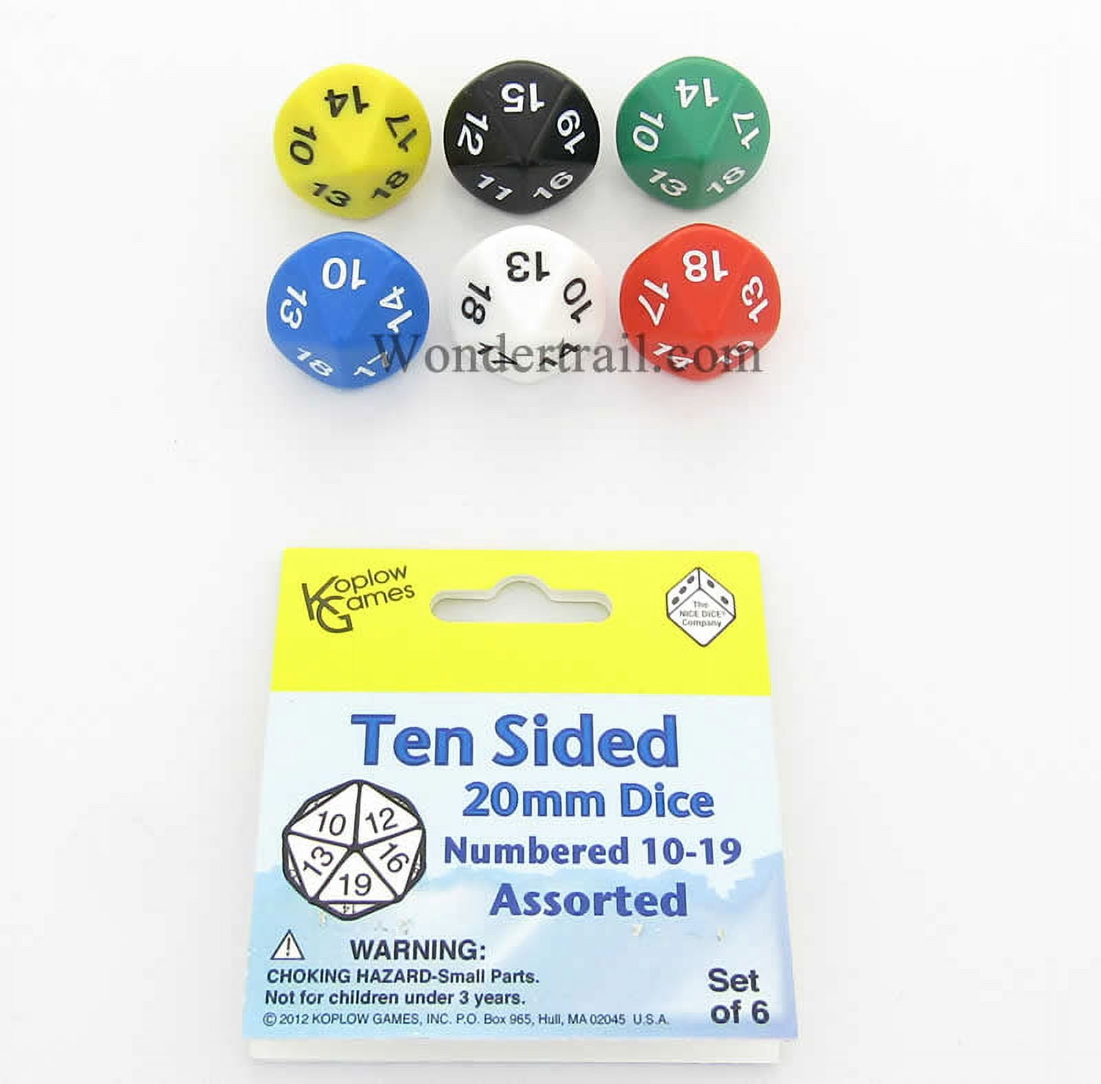 Assorted Color Dice D10 with Coloed Numbers 10-19 20mm Pack of 6 Koplow ...