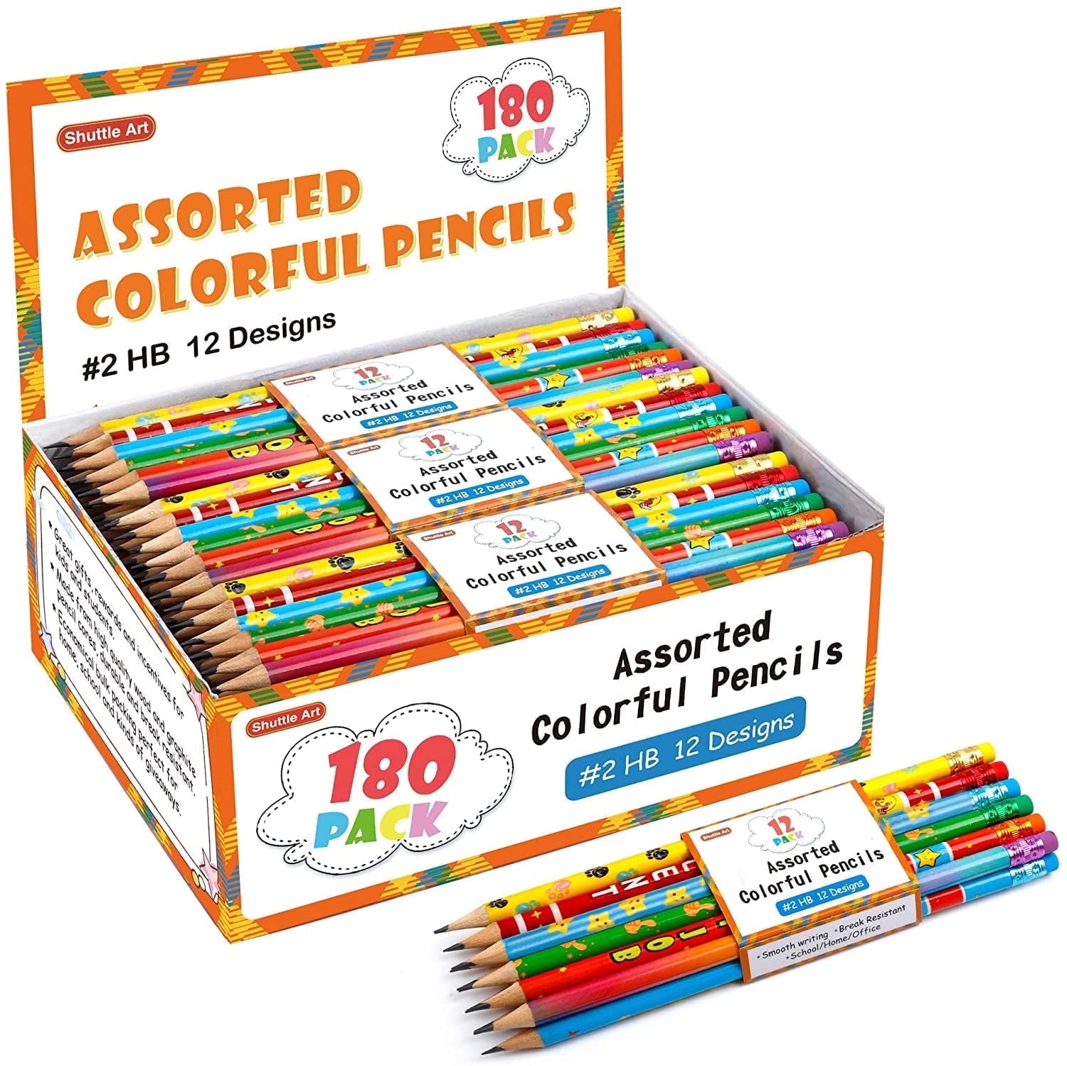 Shuttle Art 180 Pack Assorted Pre-Sharpened Pencils, HB 2, 12 Designs ...