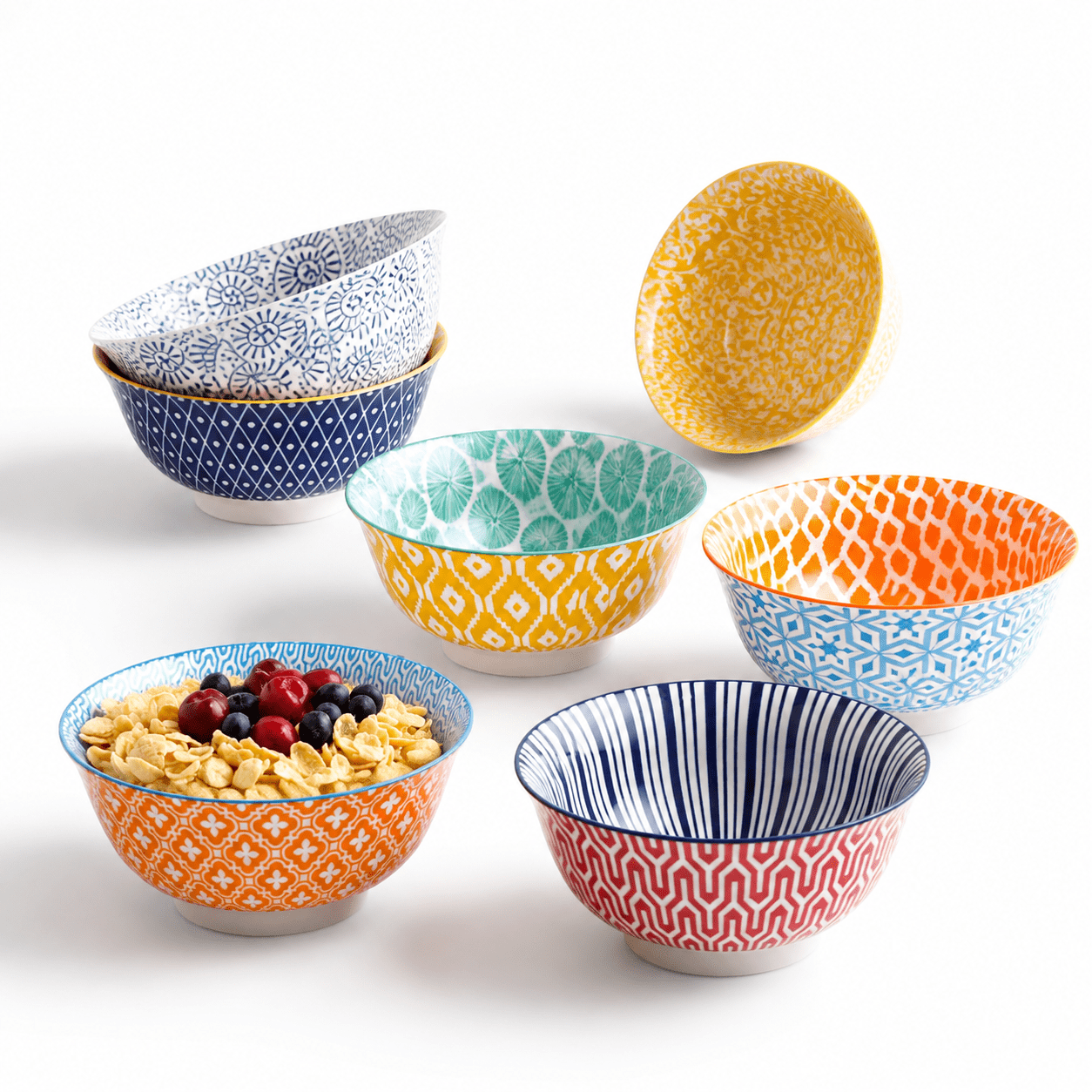 Assorted Colors 7 Inches Porcelain Cereal Bowl Set of 6 for Salad Soup ...