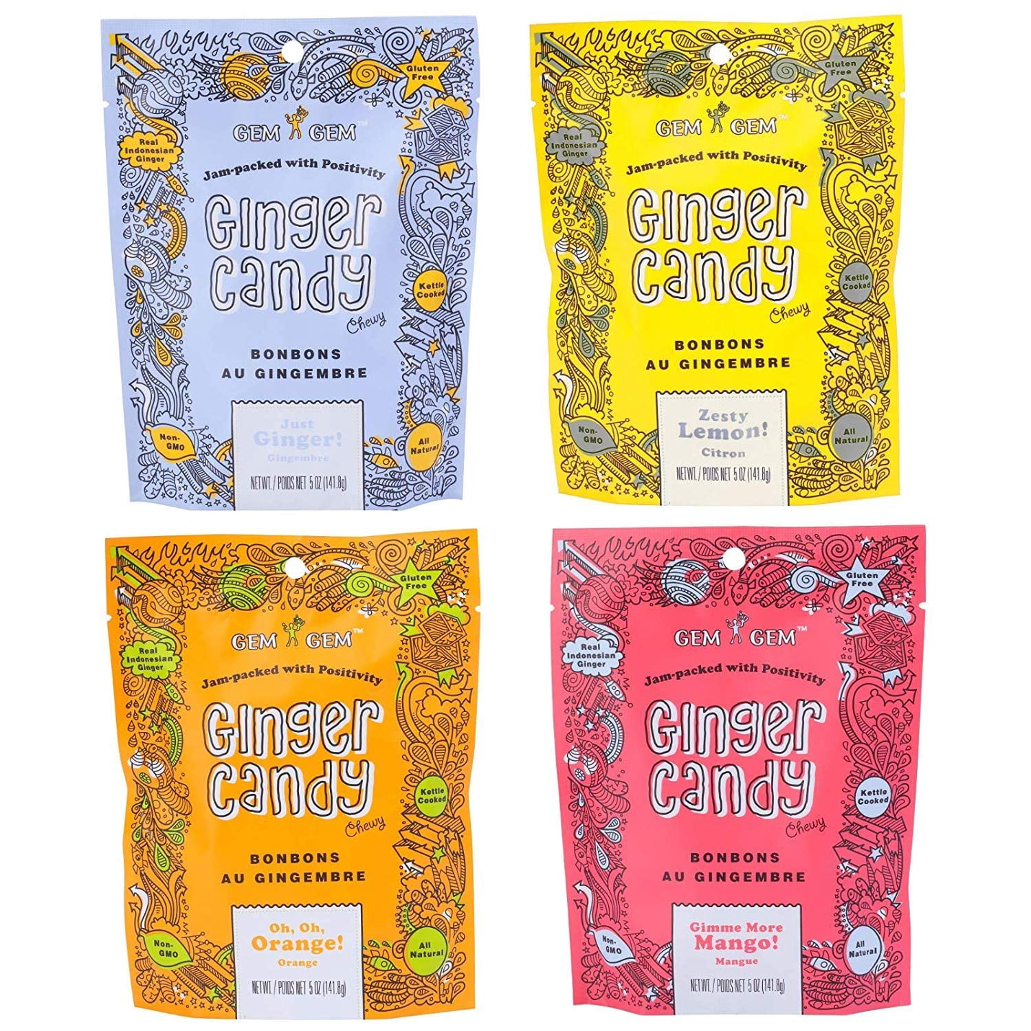 Assorted Ginger Chews (4-Pack)- (4) Gem Gem 5oz Bags - ORIGINAL, MANGO ...