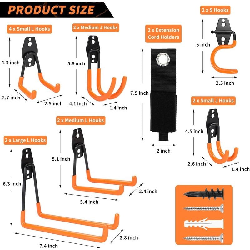 Assorted Heavy-Duty Garage Hooks Bundle – Steel Storage Hooks with Anti ...