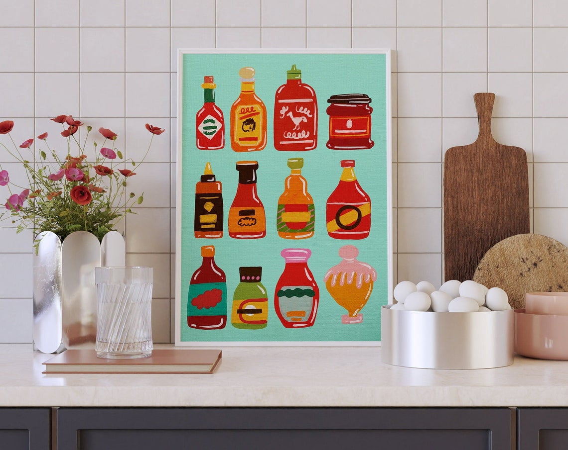 Assorted Hot Sauce Illustration Poster, Colorful Wall Art, Kitchen ...