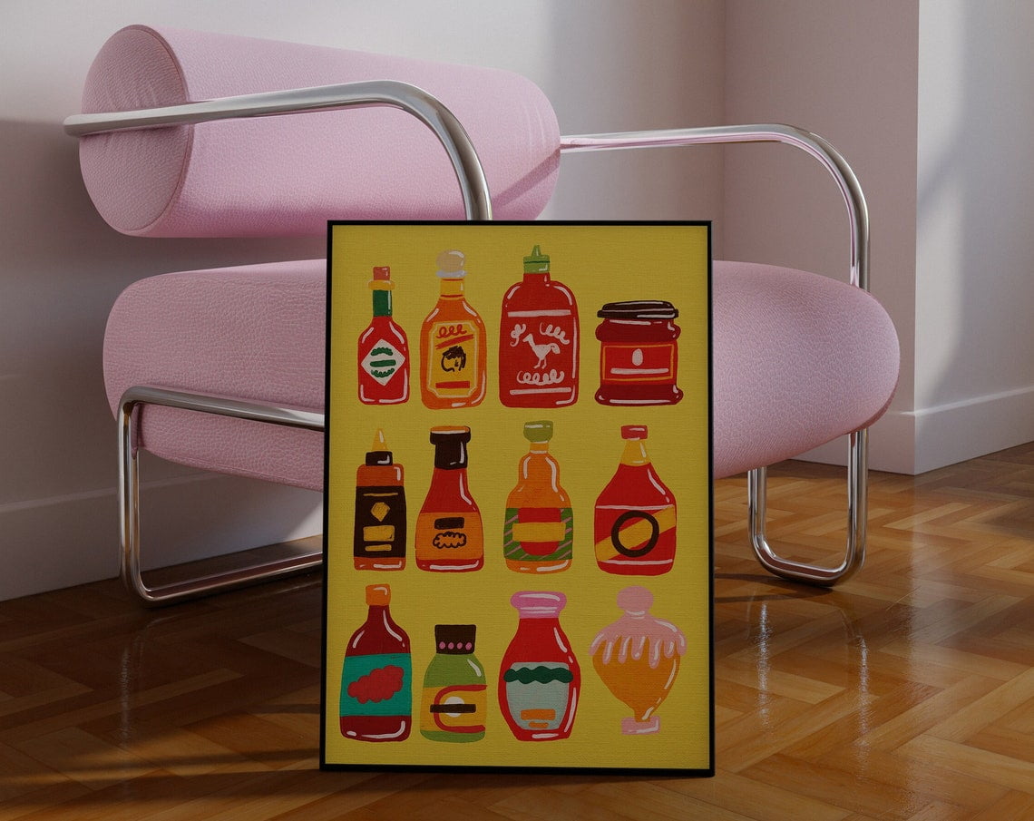 Assorted Hot Sauce Illustration Poster, Colorful Wall Art, Kitchen ...