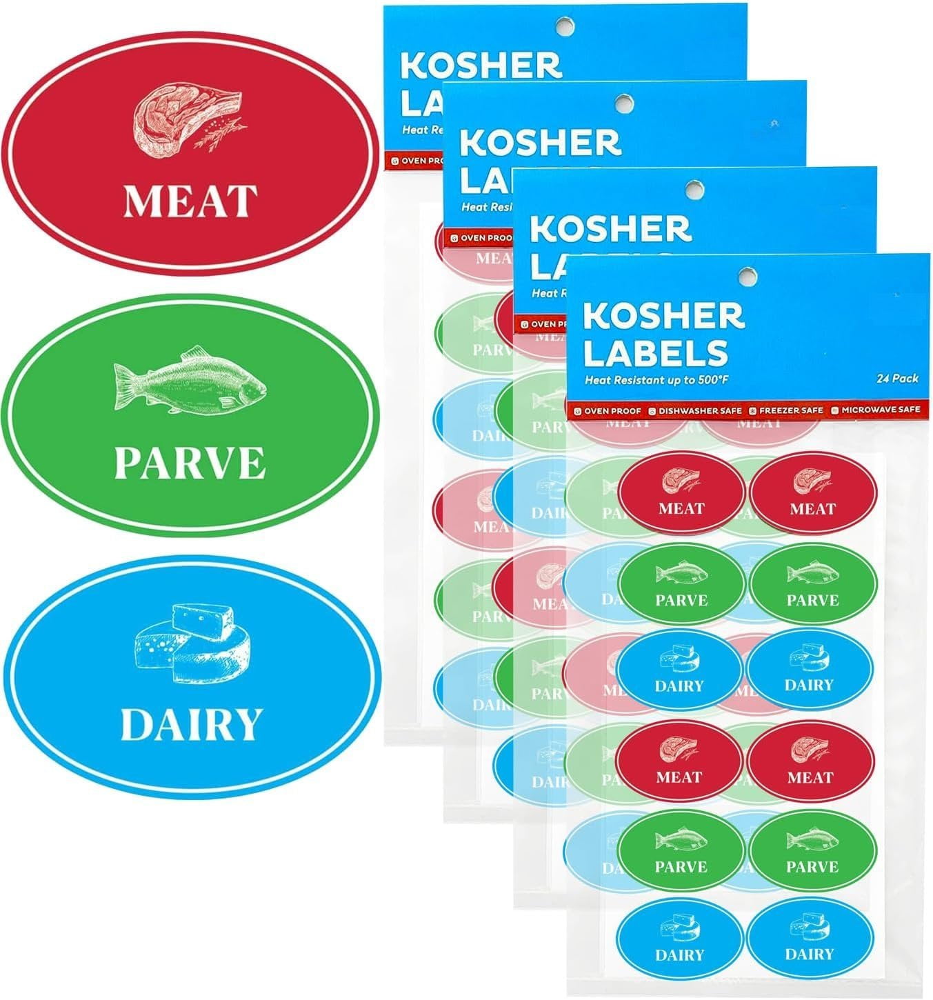Assorted Kosher Labels, Blue Dairy, Red Meat, Parve Stickers, Oven ...