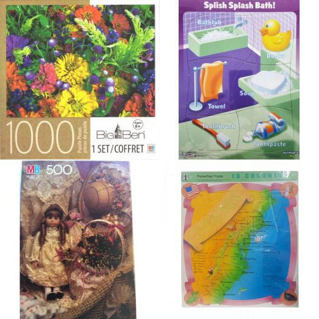 Assorted Puzzles 4 Pack Bundle: Big Ben "Summer Flowers" 1000 Piece Jigsaw Puzzle, Playmonster ...