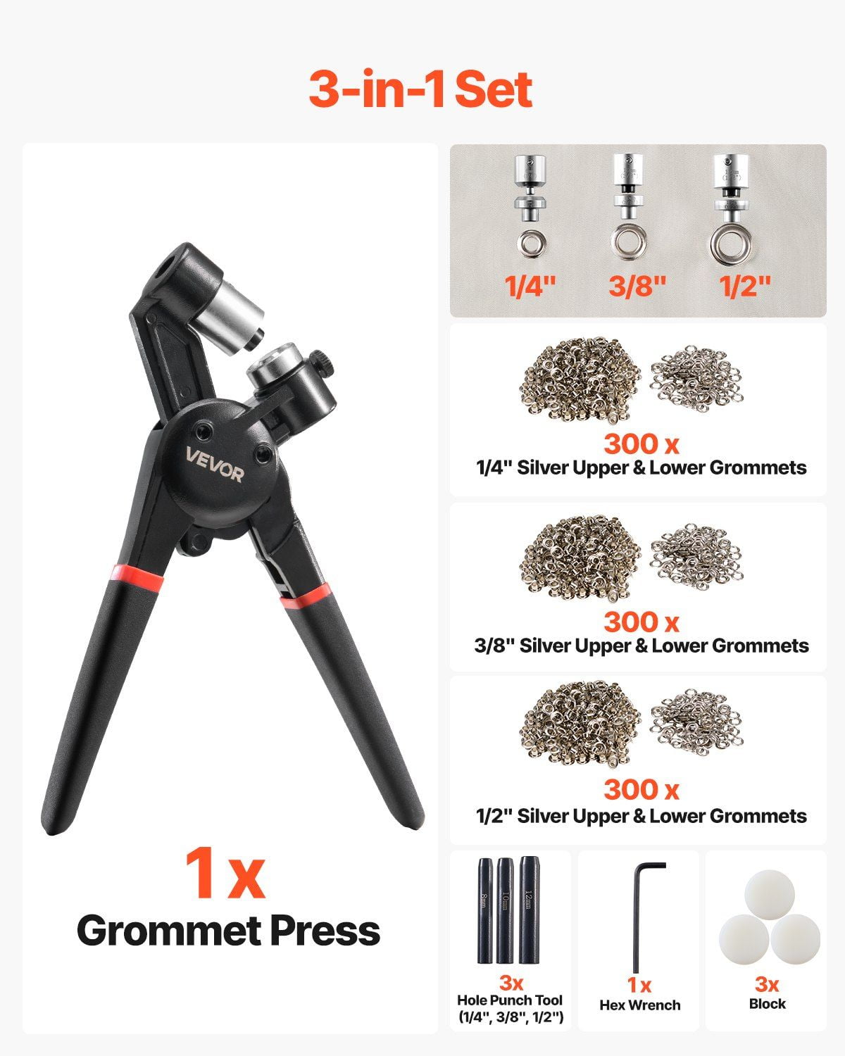 Assorted Sizes Grommet Tool Kit (1/4, 3/8, 1/2 Inch) - 900 PCS ...