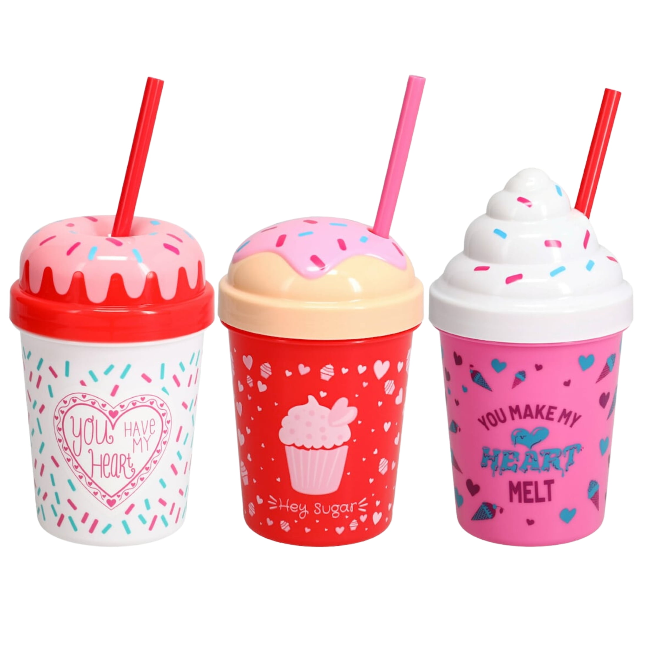 Assorted Valentines Day Dessert Shaped Plastic Cups with Straws and ...