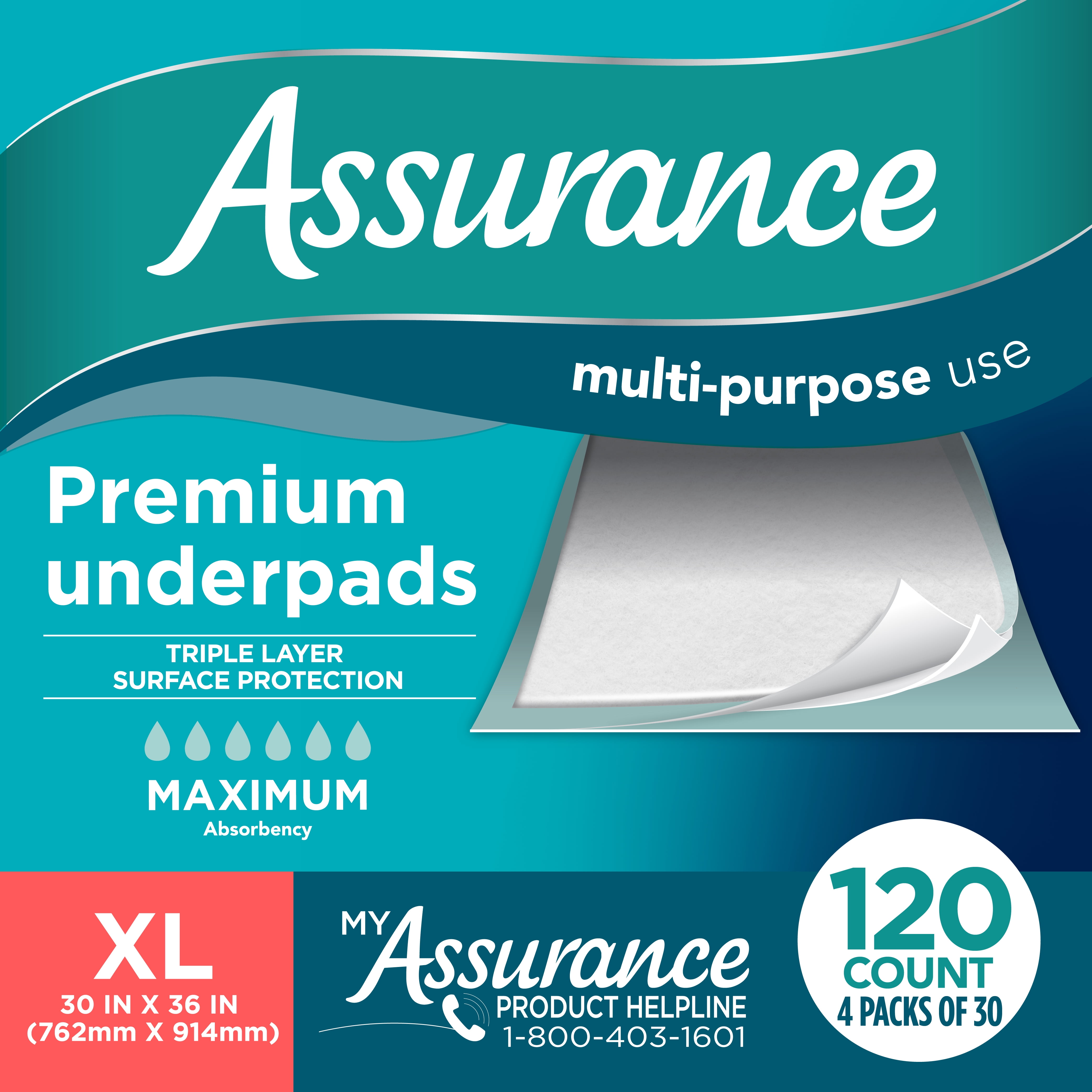 Assurance Unisex Premium Underpad, Maximum Absorbency, Extra Large 30 ...