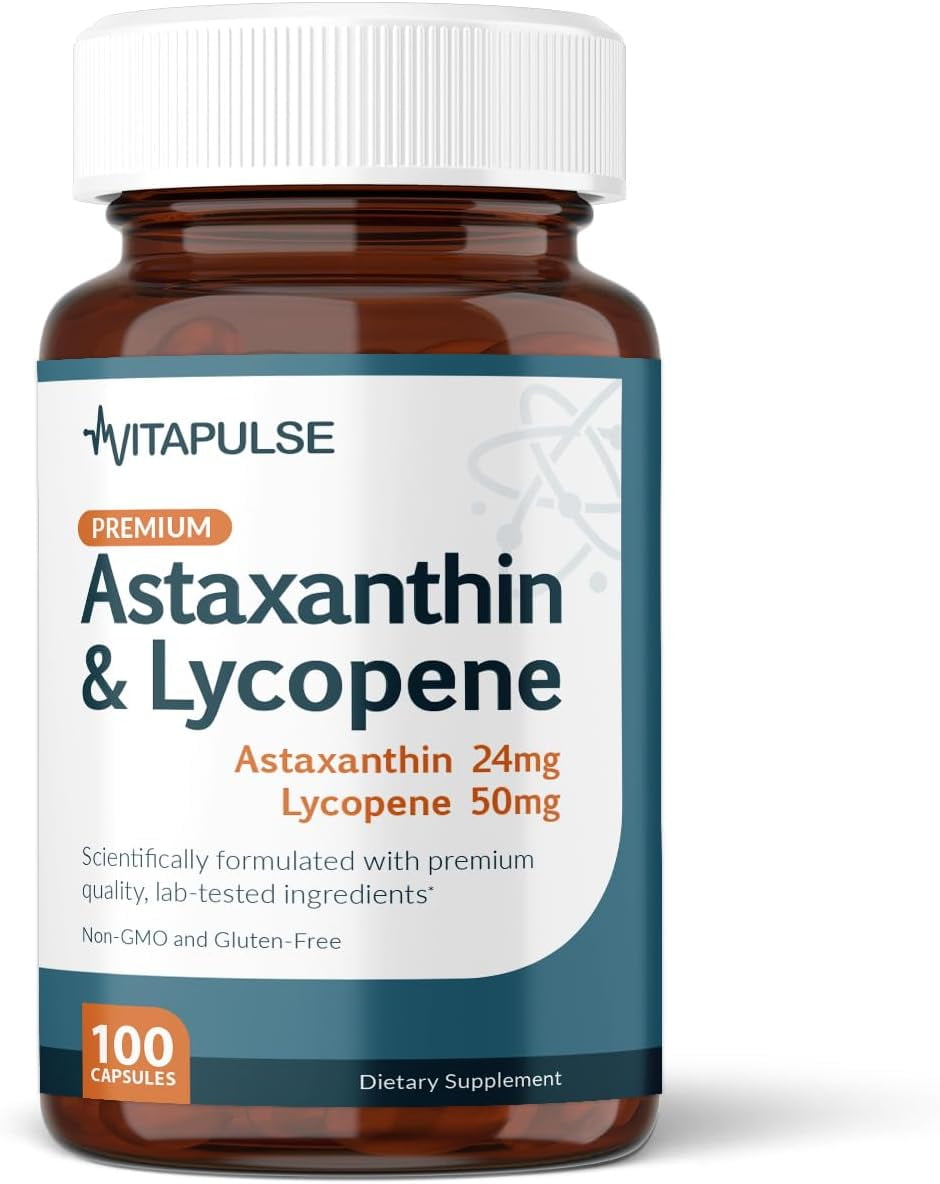 Astaxanthin 24mg with Lycopene 50mg Supplement, 100 Vegetarian Capsules ...