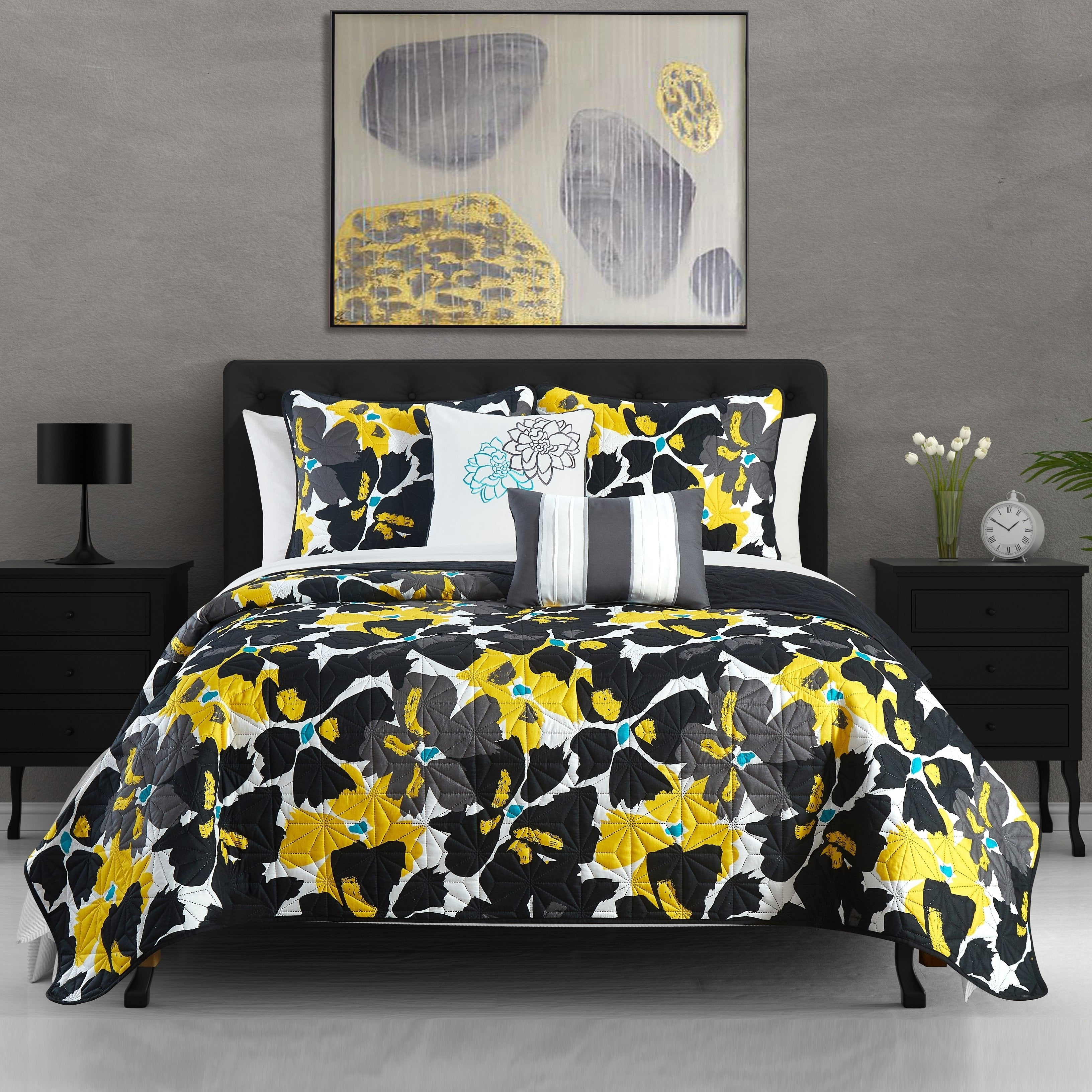 Aster 5 Piece Quilt Set Contemporary Floral Design Bedding - Walmart.com