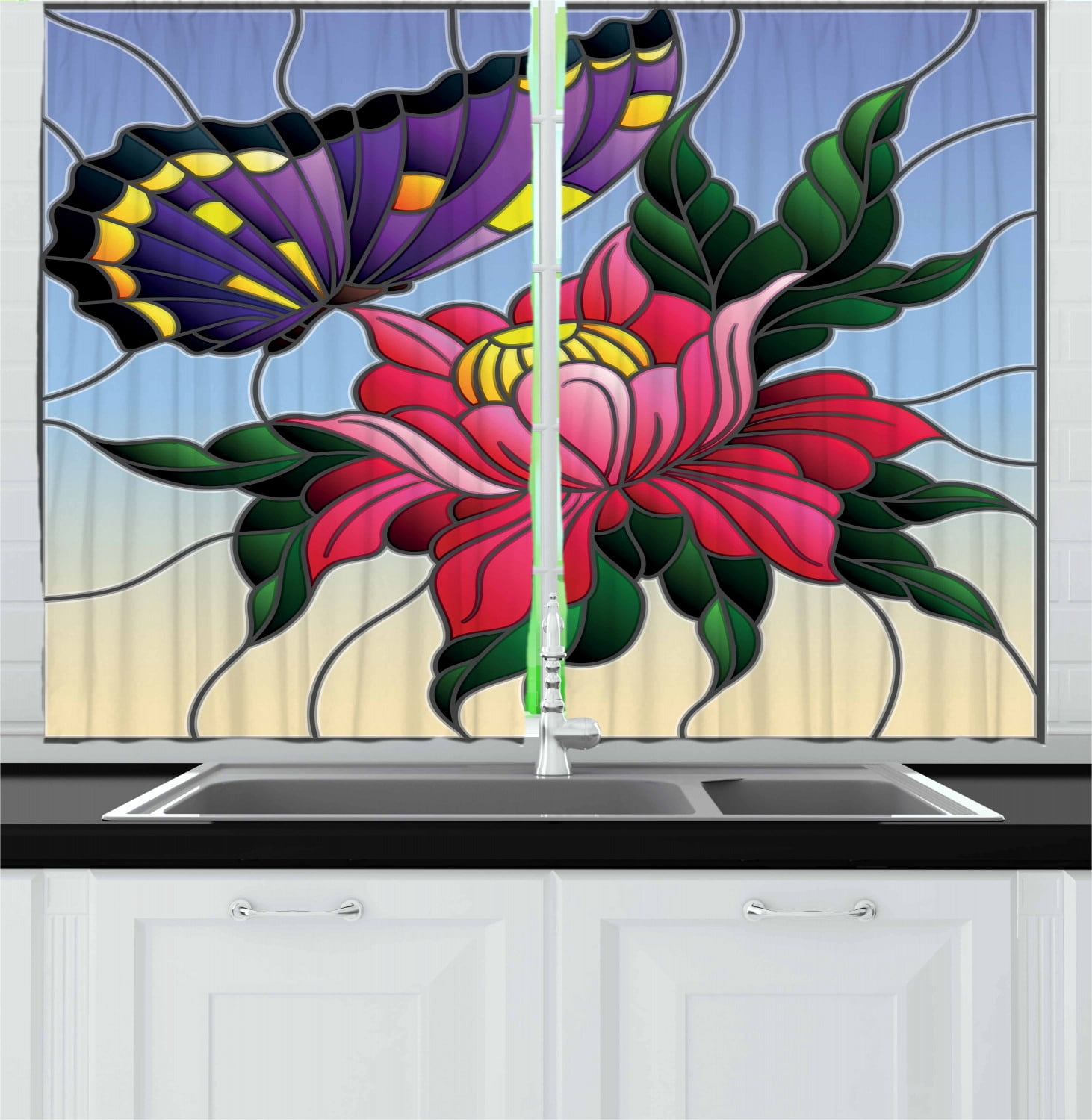 Aster Curtains 2 Panels Set, Stained Glass Pattern with Butterfly and a ...