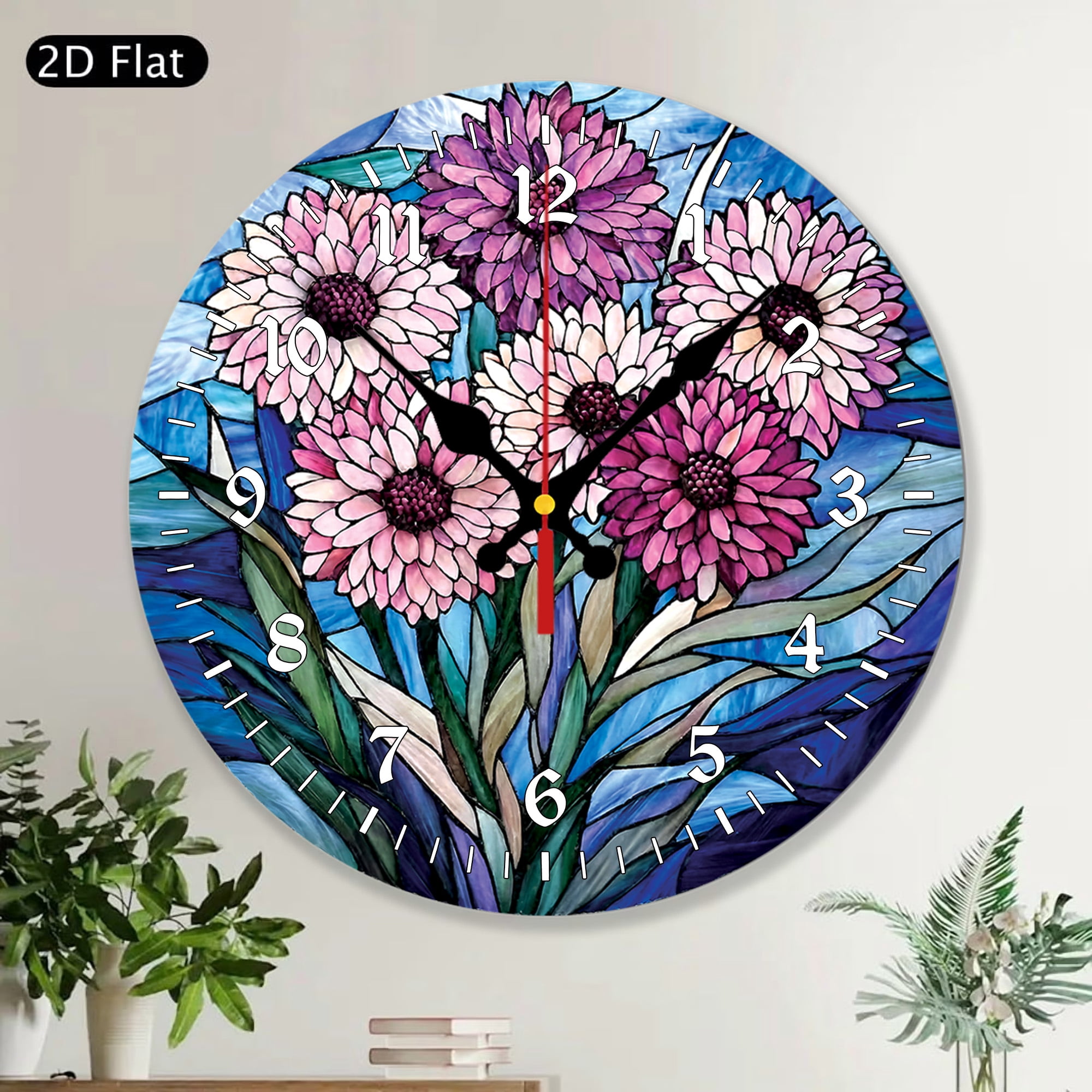Aster September Birth Flower MDF Wood Round Wall Clock, Stained Glass ...