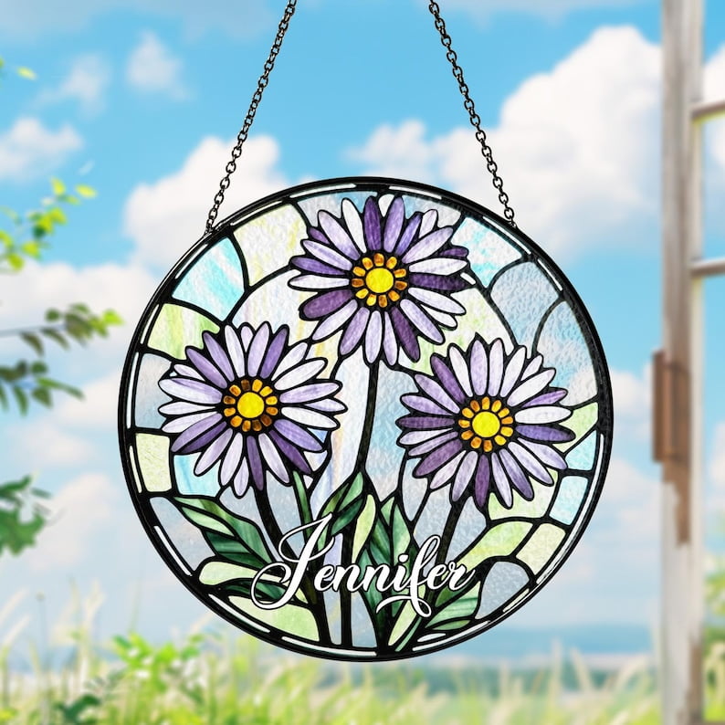 Aster Stained Glass Suncatcher, September Birth Month Flower Window ...