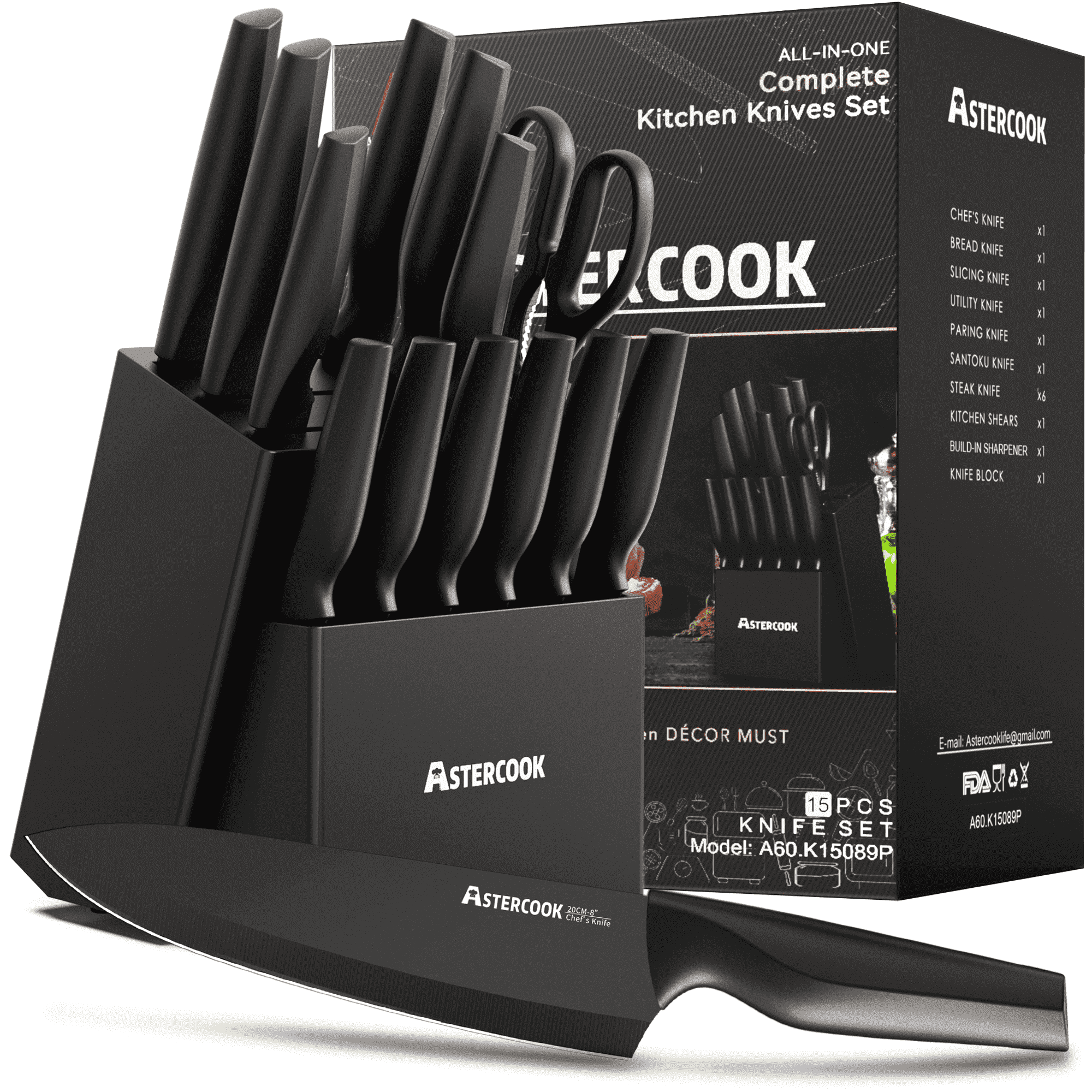 Astercook 14 Pieces Knife Set, German Stainless Steel Kitchen Block ...