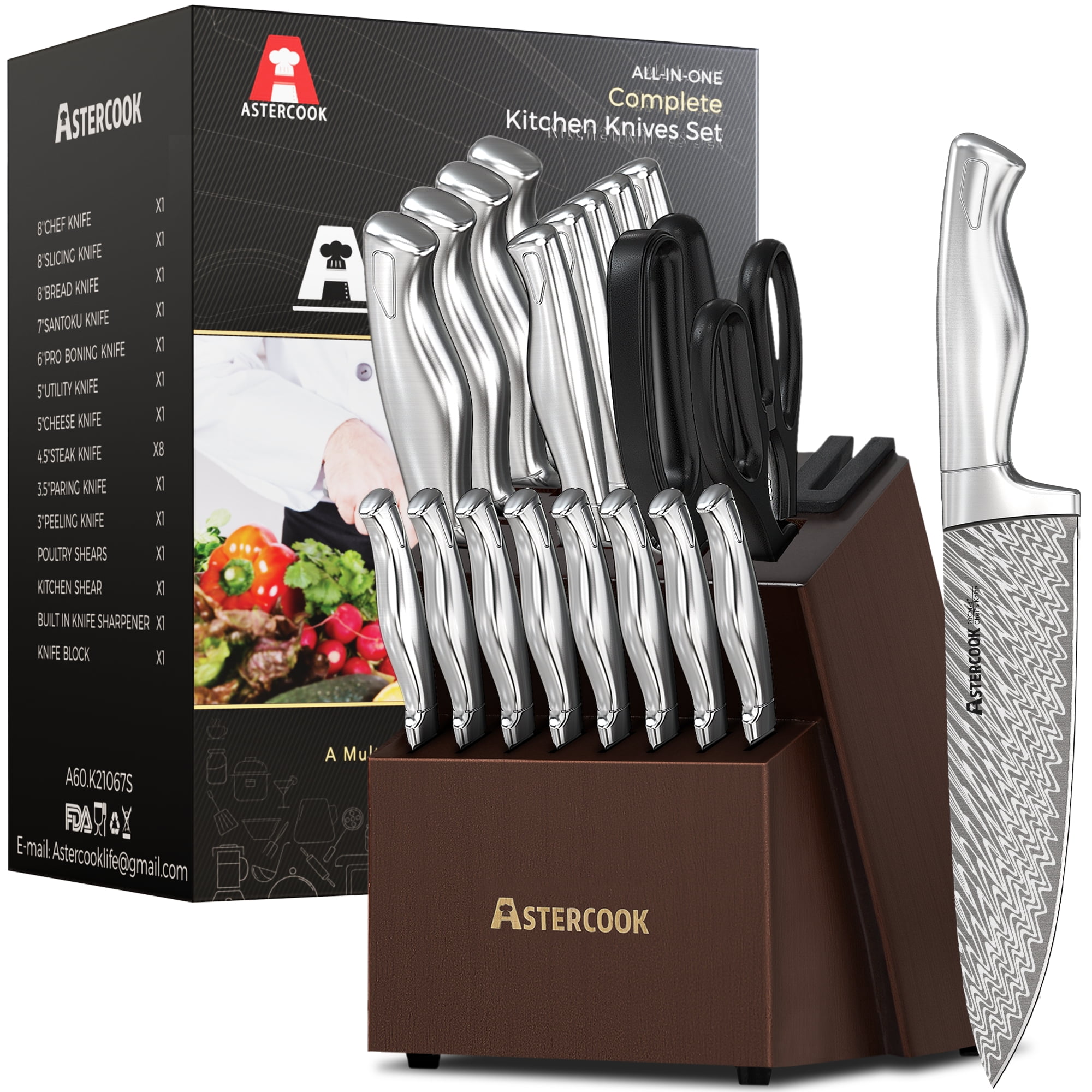 Free Shipping! Astercook Kitchen Knife Set with Block, German Stainless Steel, Full Tang, Built ...