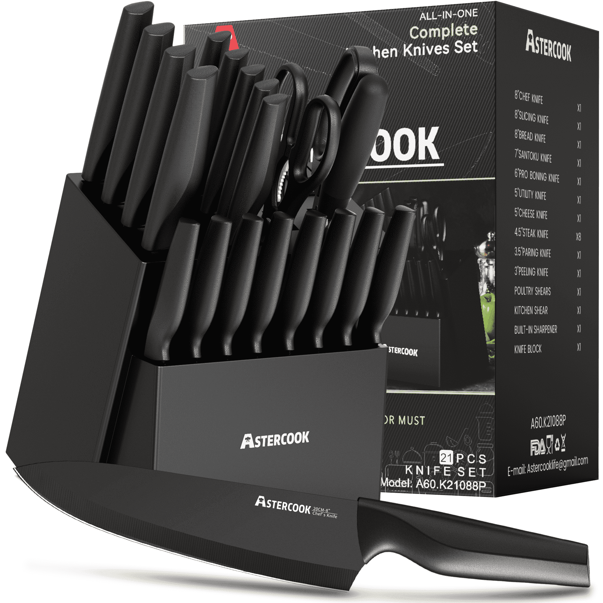 Astercook 20 Pieces Knife Set, Kitchen Knives Set with Built-in ...