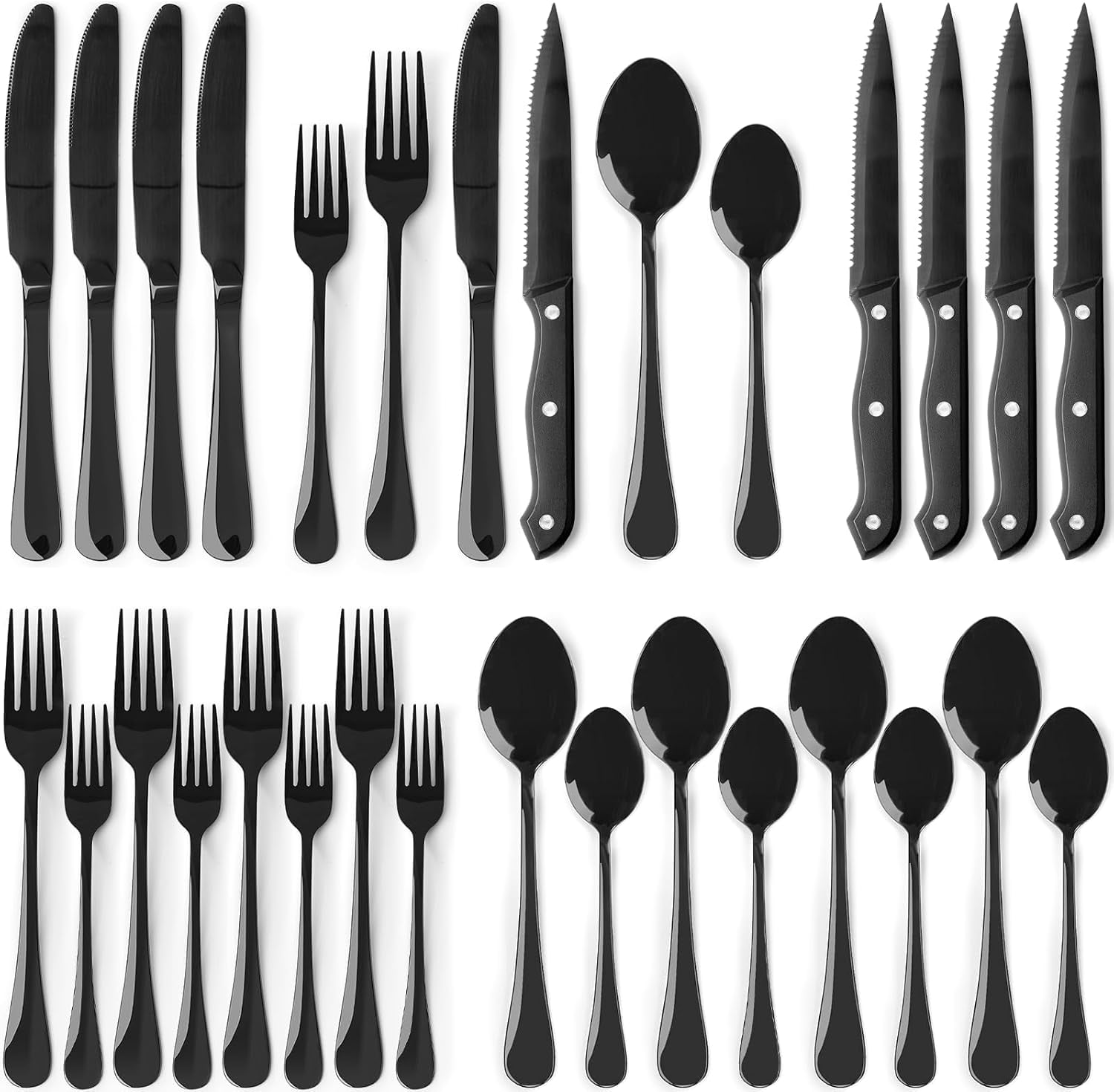 Astercook 24-Piece Black Silverware Set with Steak Knives Flatware Set ...