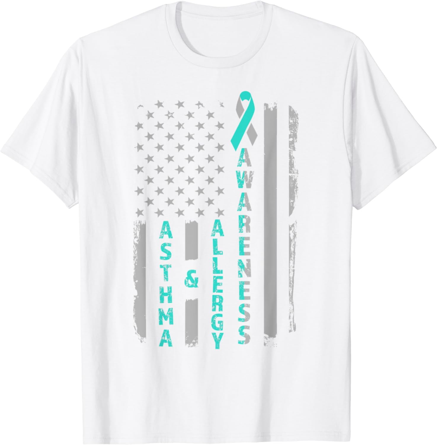 Asthma and Allergy Awareness Teal Grey Ribbon US Flag T-Shirt - Walmart.com