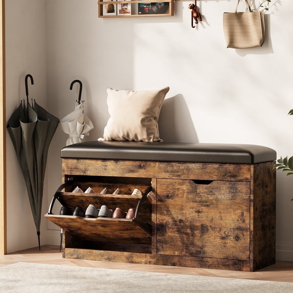Astimey Shoe Storage Bench with Lift Top Padded Seat, 2 Flip Drawers ...