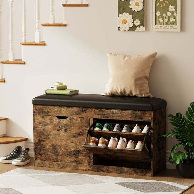 Astimey Leather Cushion Shoe Storage Bench, Wood Entryway Bench and ...