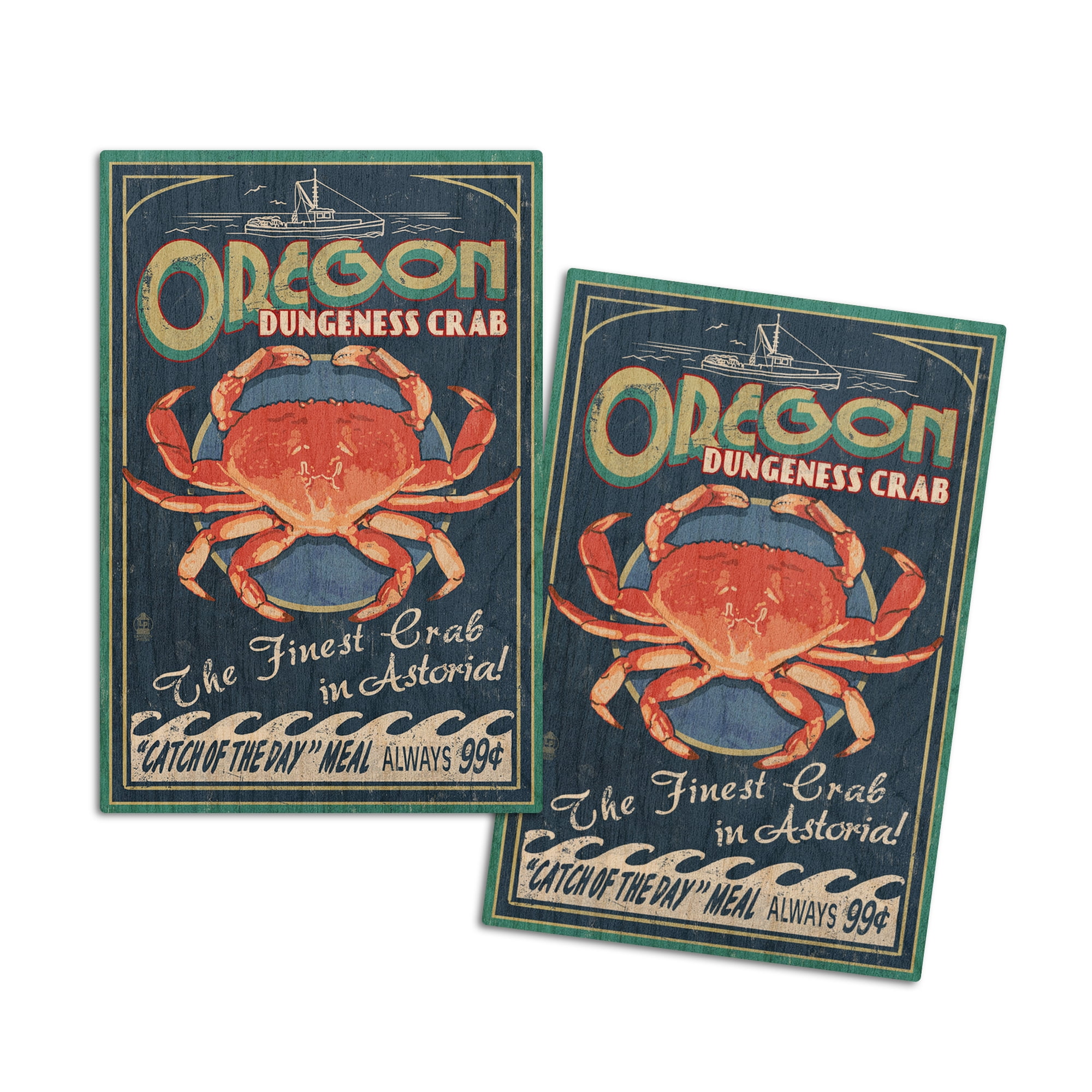 Astoria, Oregon, Dungeness Crab Vintage Sign (4x6 Birch Wood Postcards ...