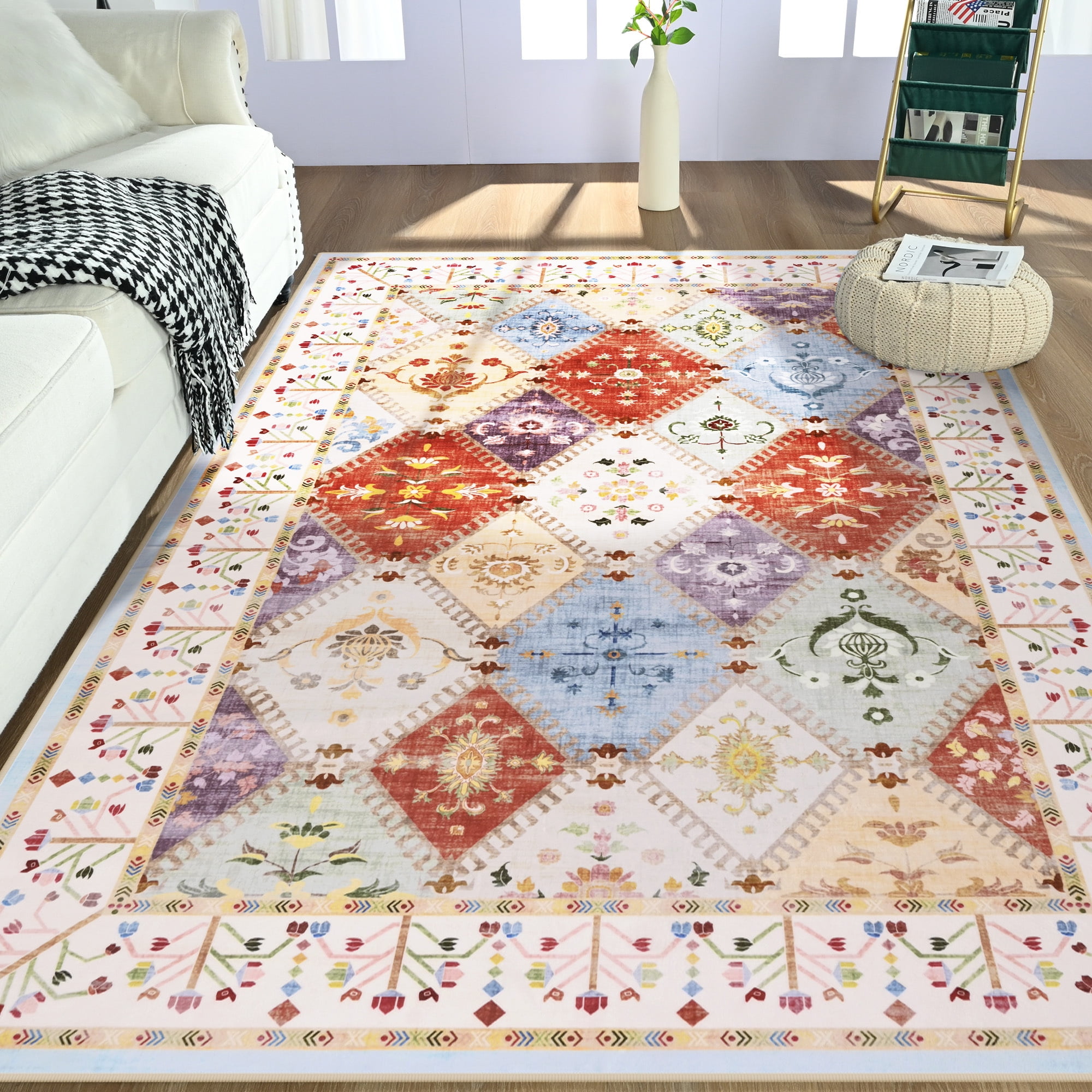 Astorug Moroccan Vintage Trellis Area Rug - Low-Profile Non-Slip ...