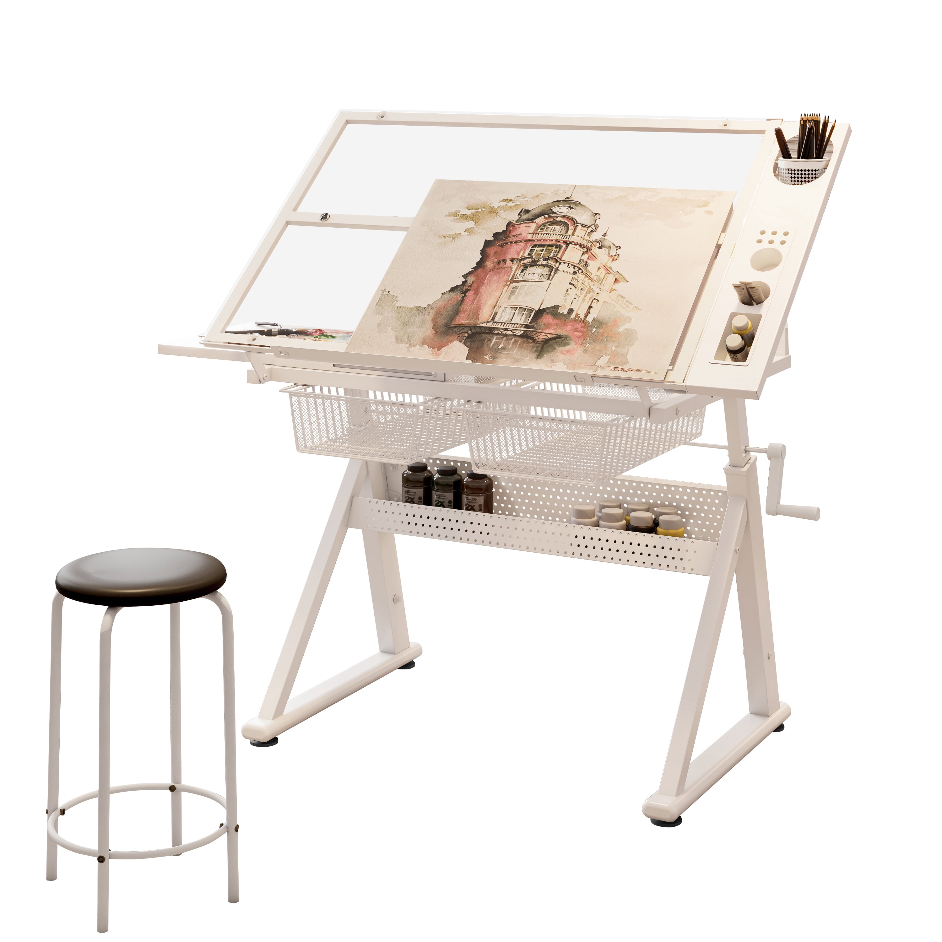 Astoutdoor Hand Crank Adjustable Tempered Glass Drafting Table with ...