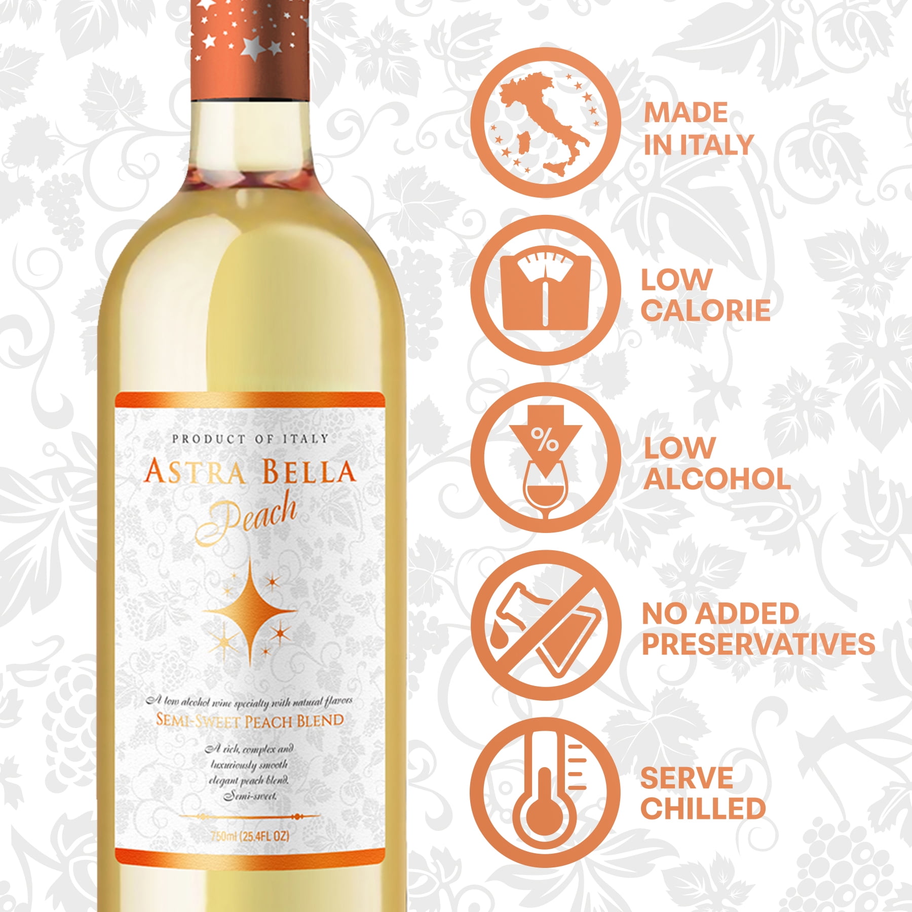 Astra Bella Semi-Sweet Peach Italian Blend 750ml Glass Bottle 5.5% ABV ...