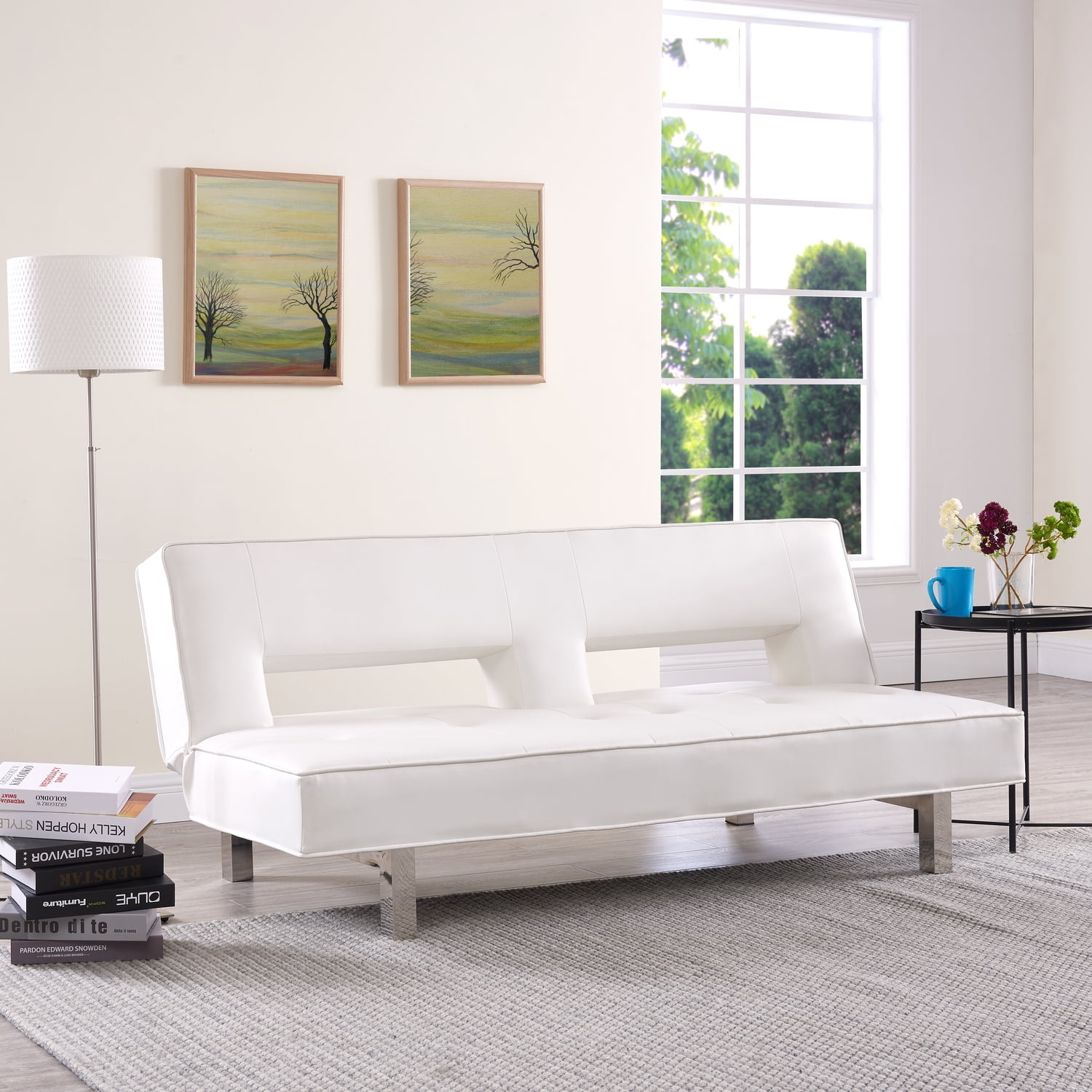 Naomi Home Comfortable White Futon Couch in Faux Leather, Modern Size ...