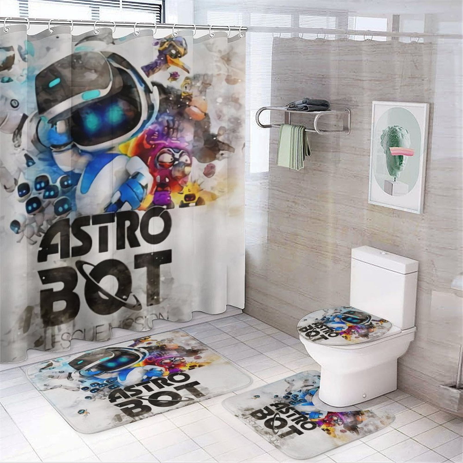 Astro Bot Bathroom Set 4pcs with Shower Curtain with Non-Slip Rugs ...