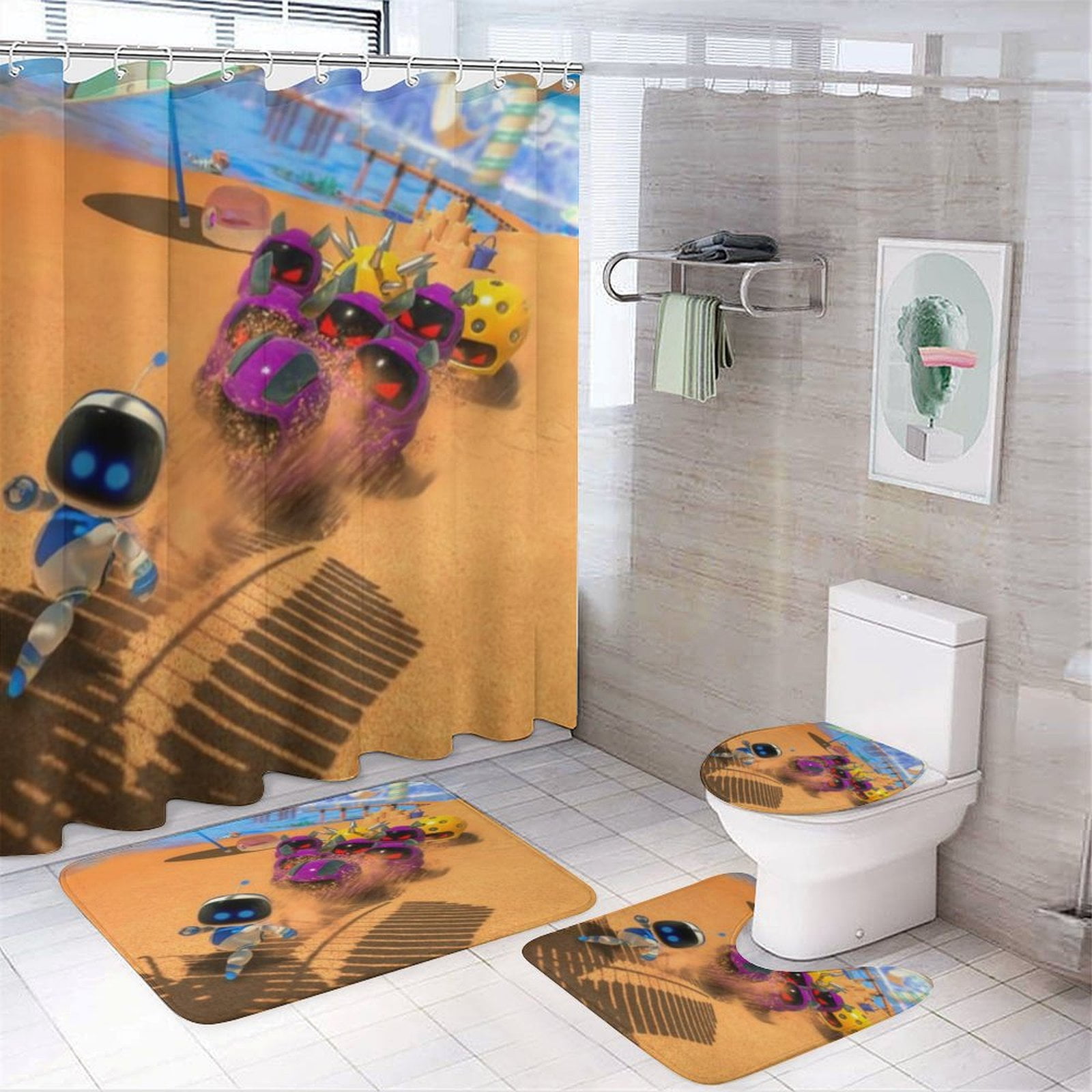 Astro Bot Bathroom Set 4pcs with Shower Curtain with Non-Slip Rugs ...