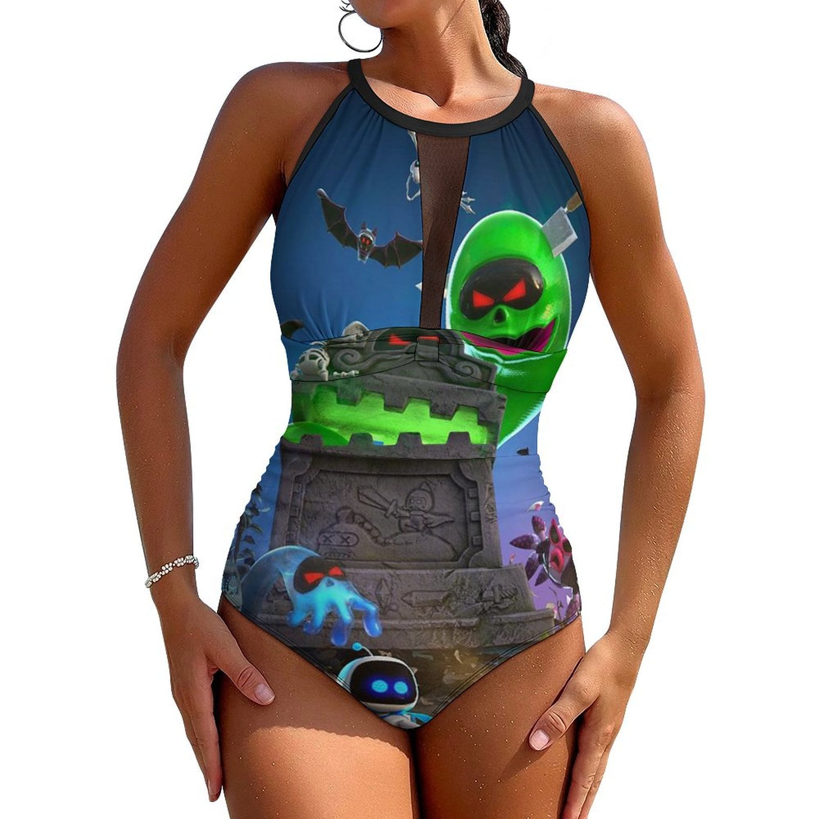 Astro Bot One-Piece Swimwear Sexy Mesh Monokini Swimsuit with Detachable Padding Bathing Suit ...