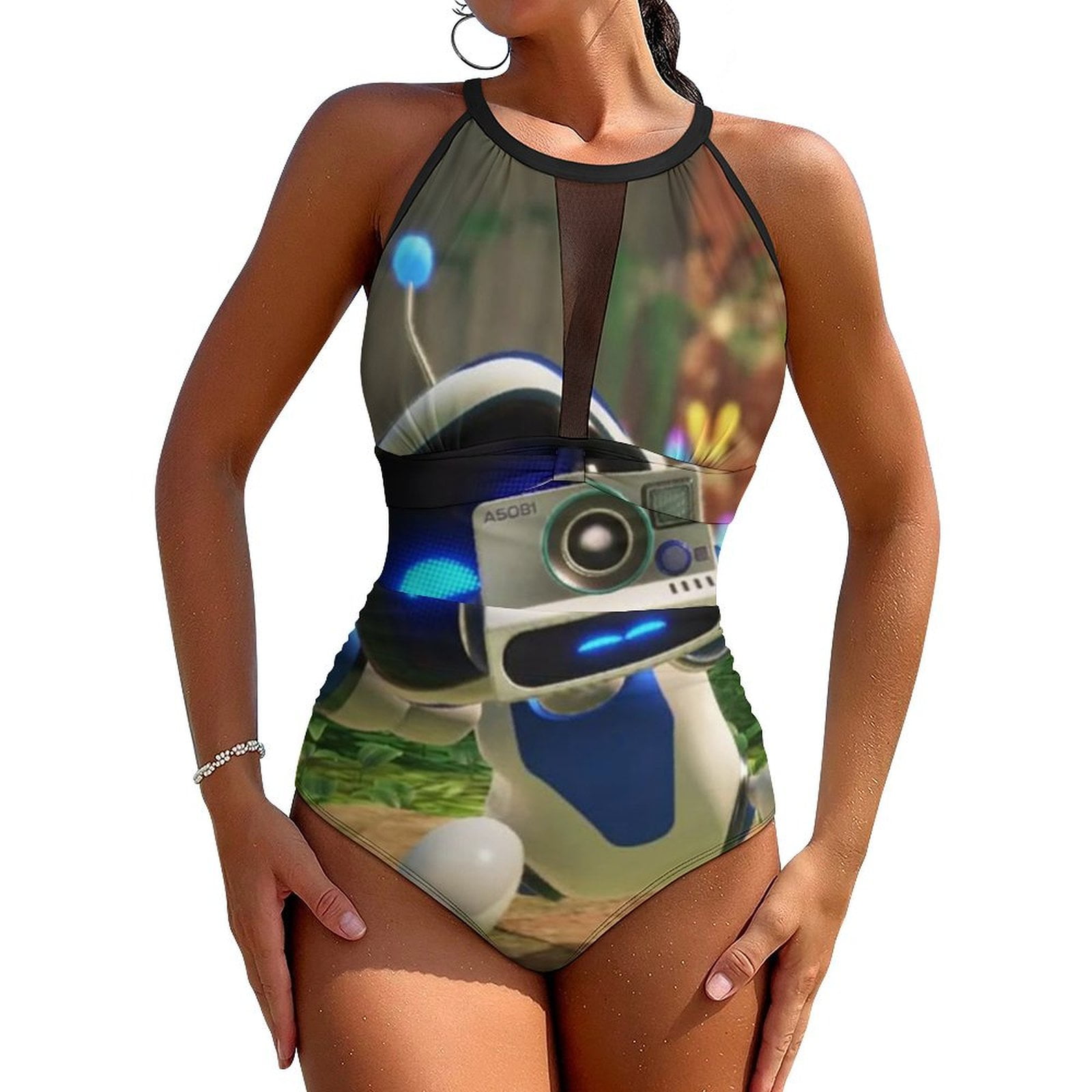 Astro Bot One-Piece Swimwear Sexy Mesh Monokini Swimsuit with Detachable Padding Bathing Suit ...