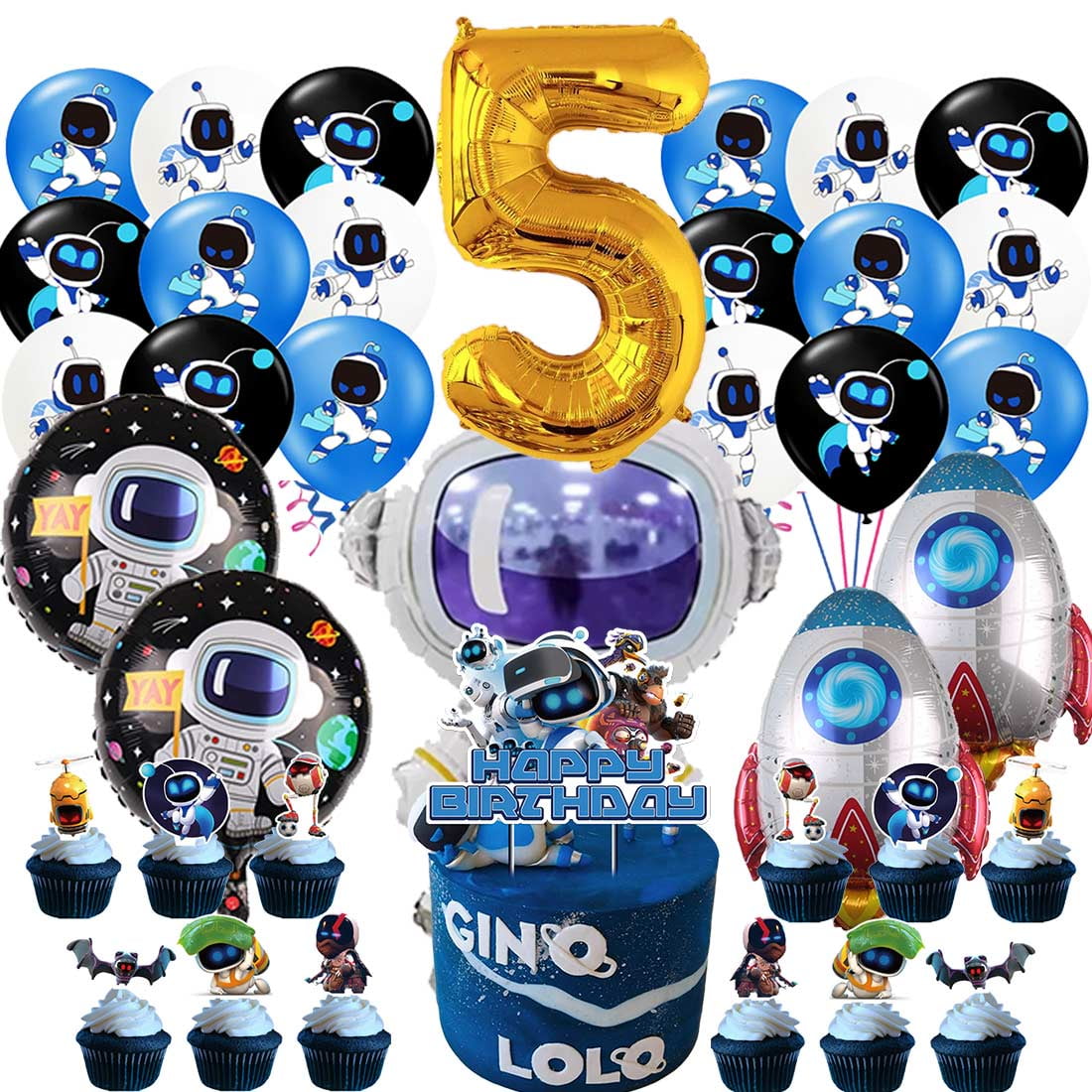 Astro Bot Party Supplies 5th Decor Kit Balloons Birthday Cake Topper ...