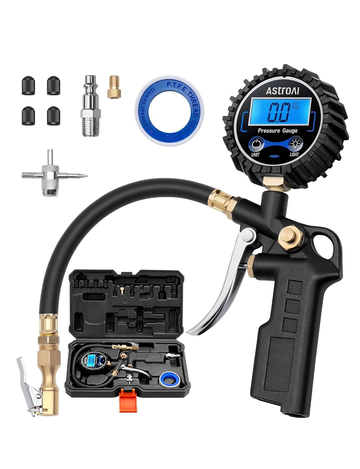 AstroAI Digital Tire Pressure Gauge with Inflator, 3-250 PSI Air Chuck & Compressor Accessories ...