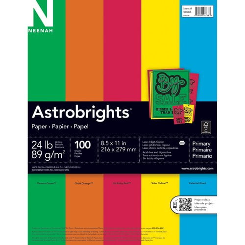 Astrobrights Paper, 8."5x 11", 24 lb/89 Gsm, Assorted Colors, 100 ...