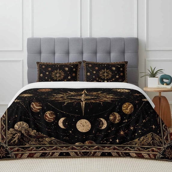 Astrological Duvet Cover Set King Size, Ring of Moon Phases Amber Gold ...