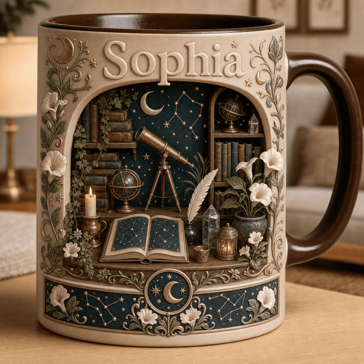 Astrology Bookshelf Mug 2D Printed 3D Effect, Custom Name Moon Stars ...
