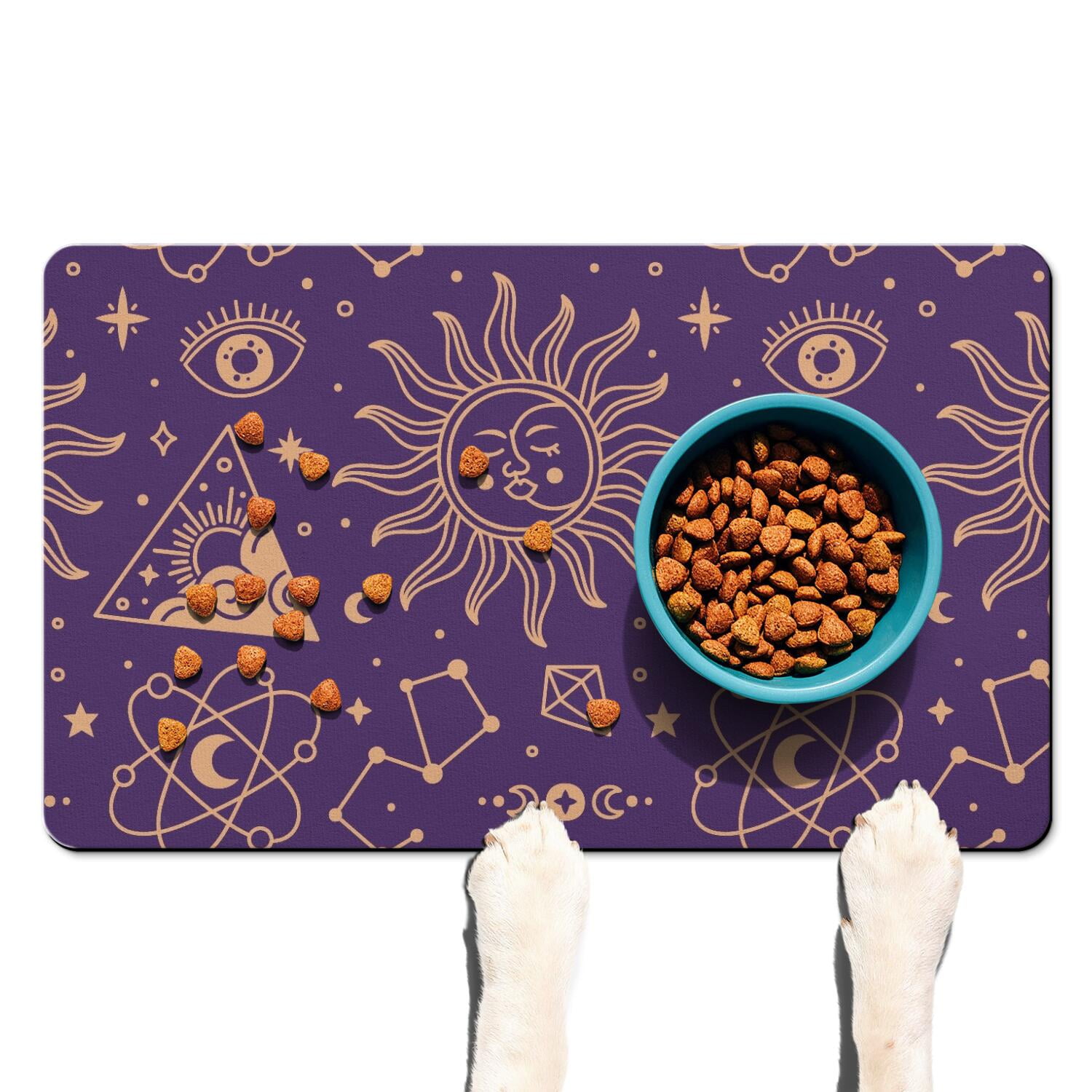Astrology Dog Bowl Mat - Celestial Pet Food Mat with Sun and Moon Print ...