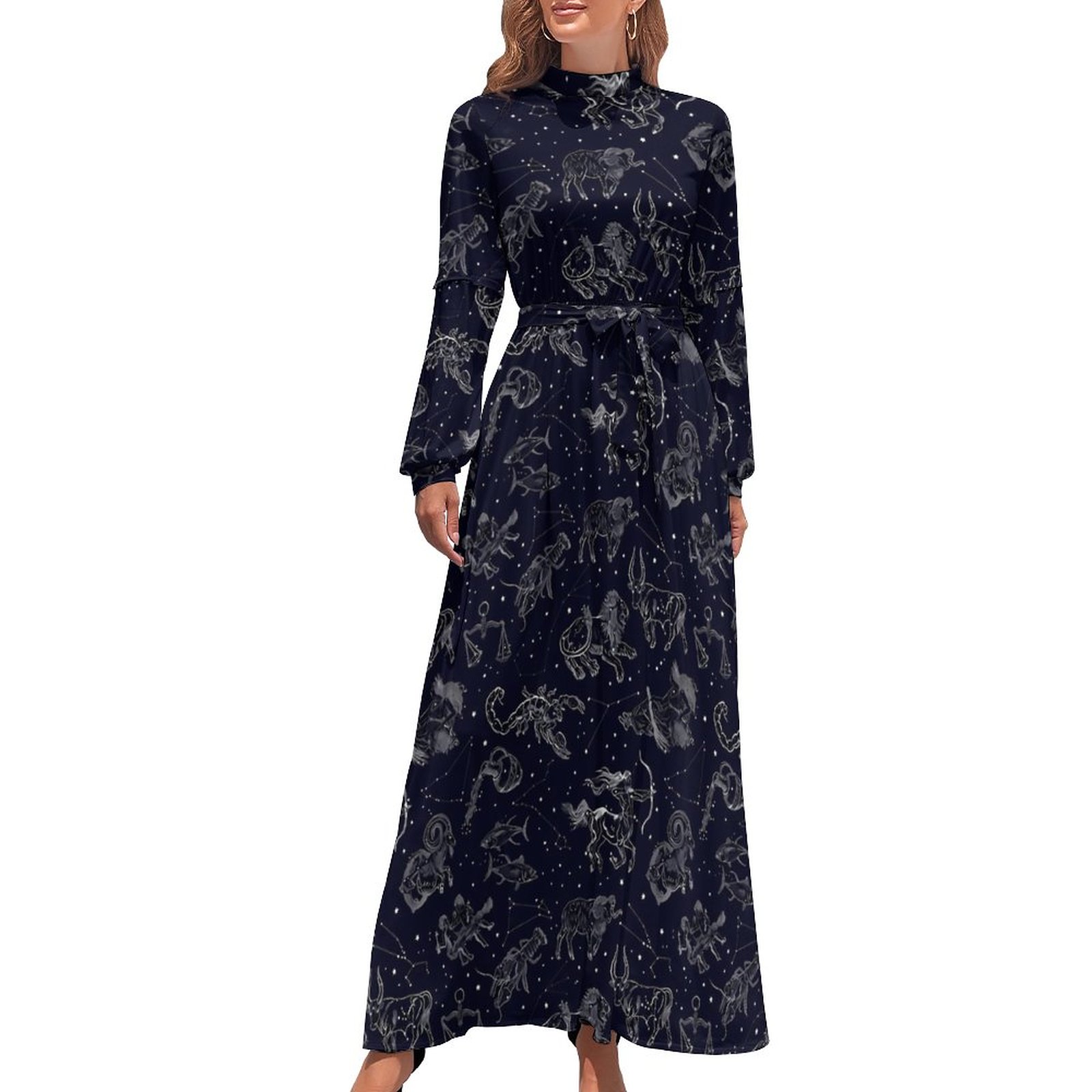 Astrology Dress Long Sleeve Star Map City Lights Elegant Maxi Dress ...