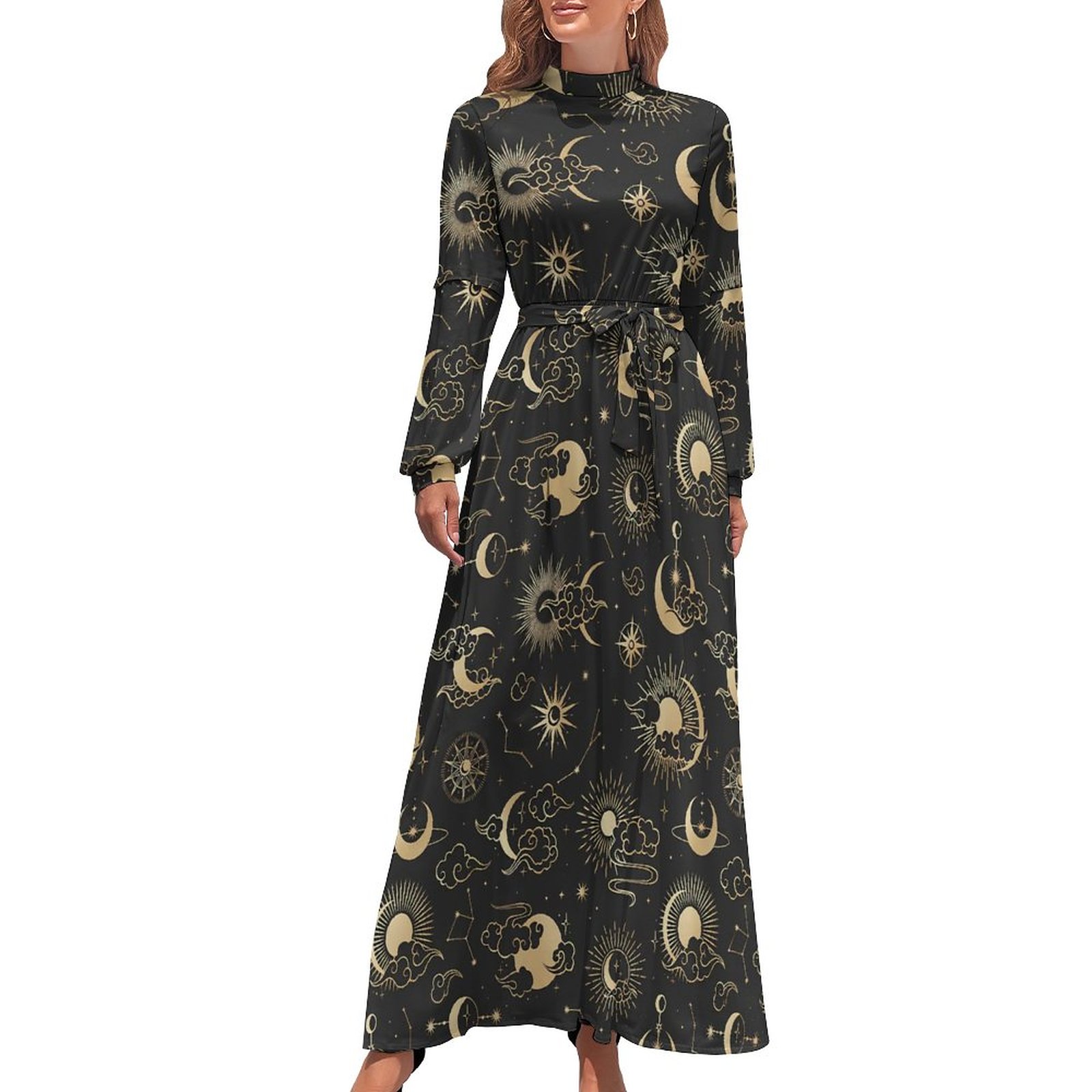 Astrology Dress Long Sleeve Star Map City Lights Elegant Maxi Dress ...