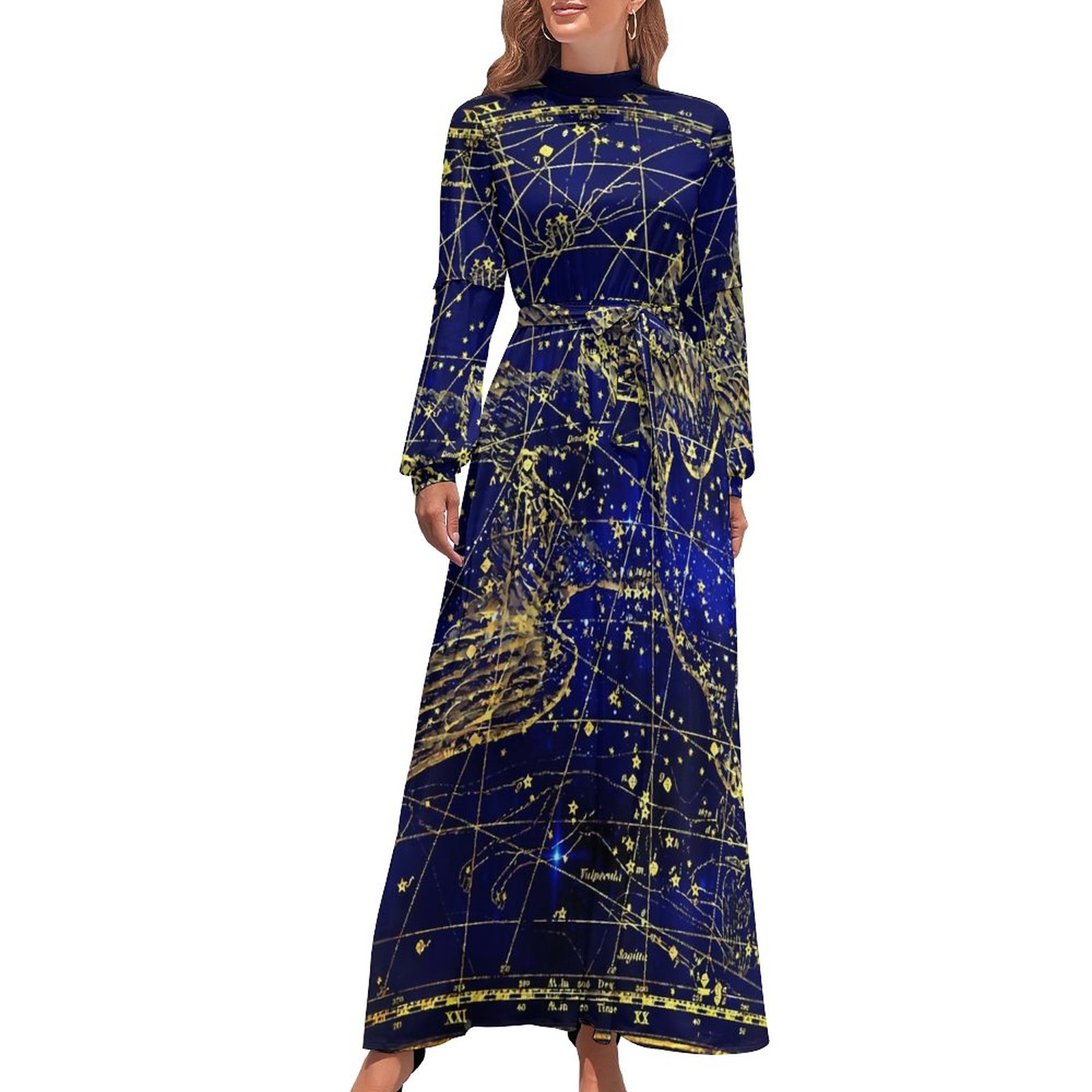 Astrology Dress Long Sleeve Star Map City Lights Elegant Maxi Dress ...