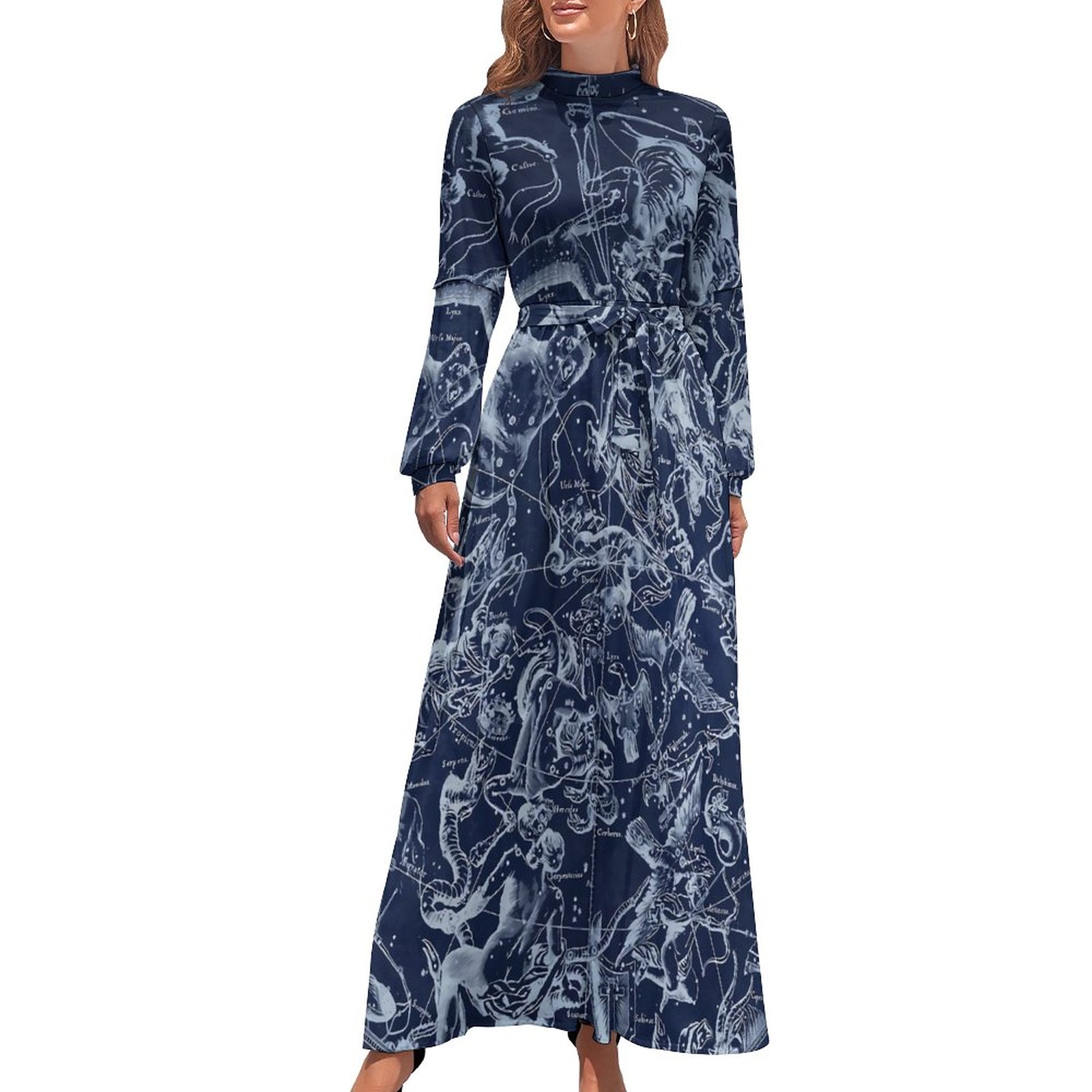 Astrology Dress Long Sleeve Star Map City Lights Elegant Maxi Dress ...