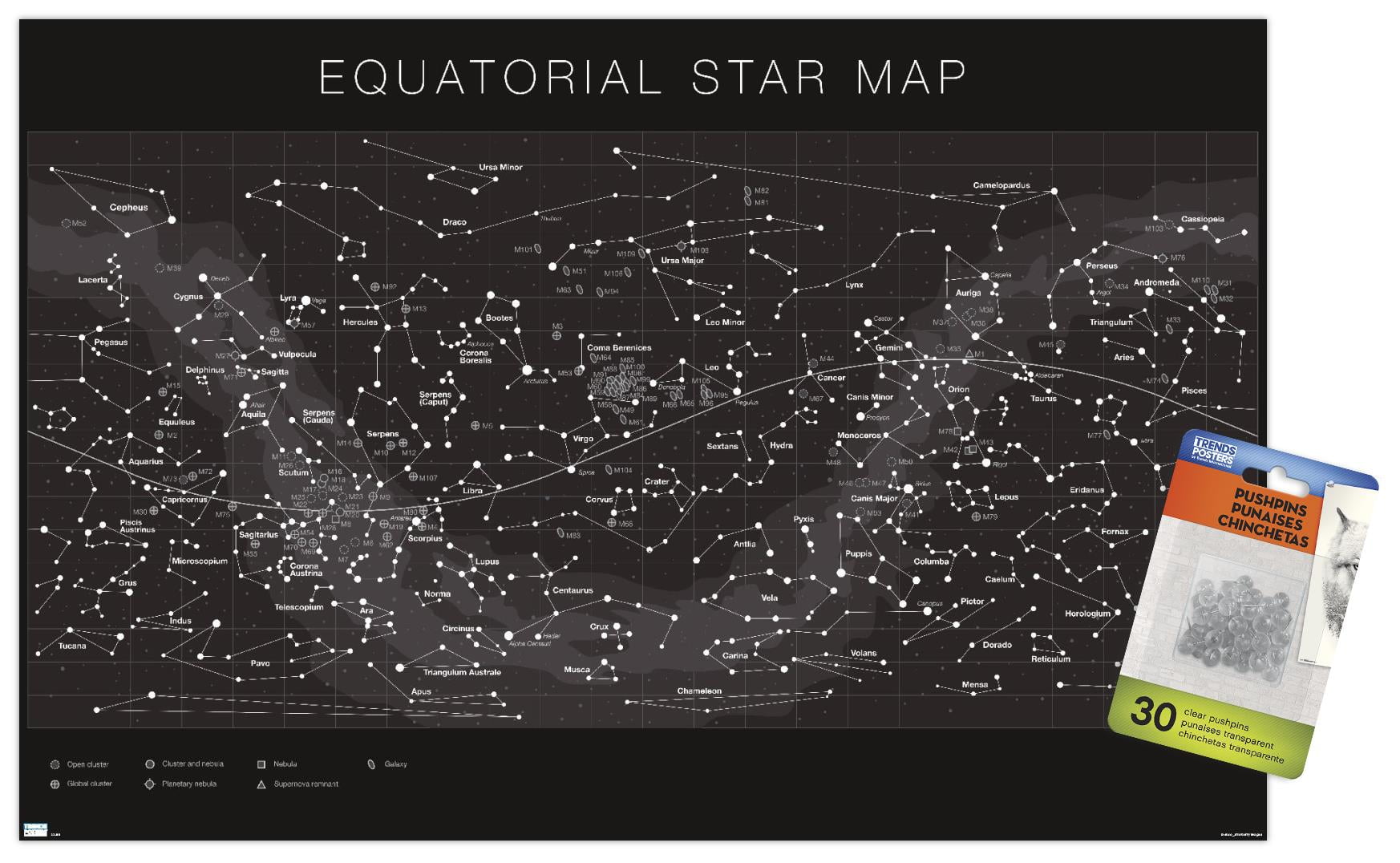 Astrology - Equatorial Star Map Wall Poster with Push Pins, 14.725" x ...