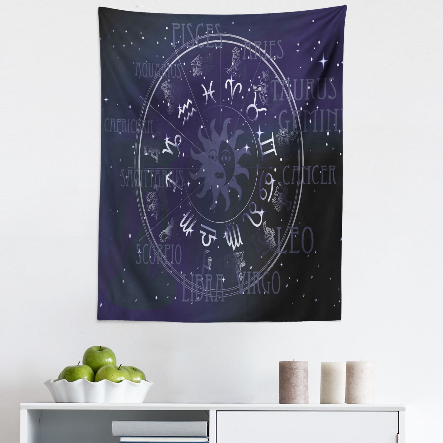 Astrology Tapestry, Horoscope Zodiac Sign in Circle Wheel Shape on Star ...
