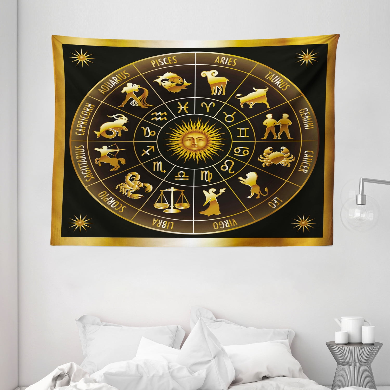 Astrology Tapestry, Wheel Zodiac Astrological Signs in Circle with Sun ...
